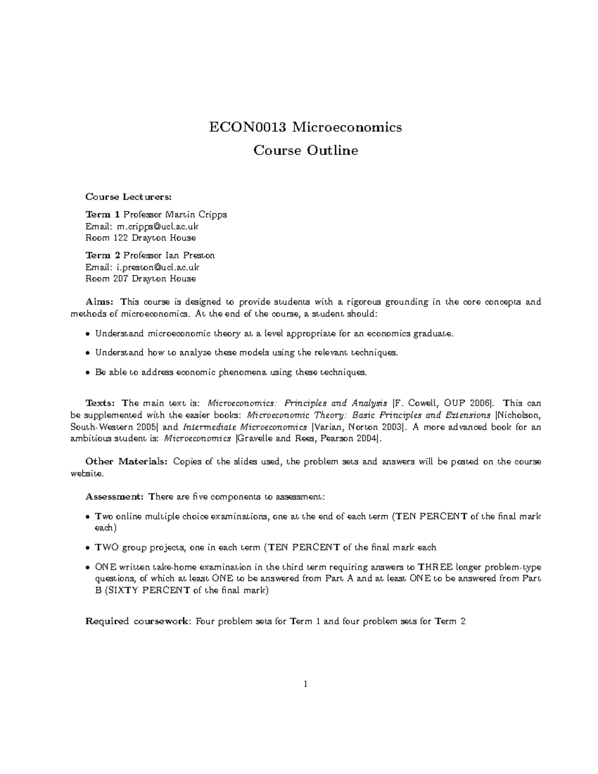 ECON0013 Microeconomics Course Outline and Assessment Details - Studocu
