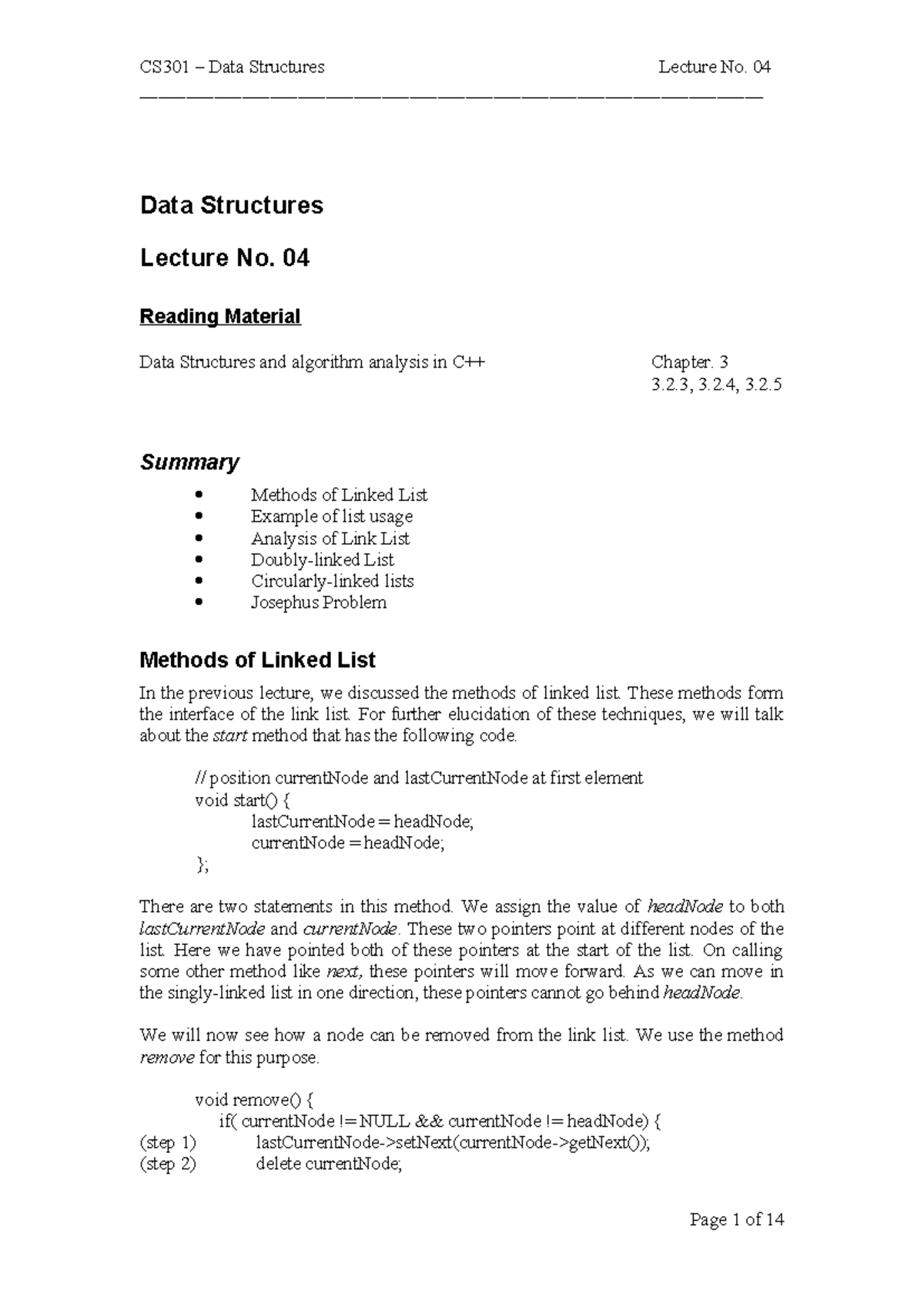 CS301 Data Structures Lecture 04: Linked List Methods & Analysis - Studocu