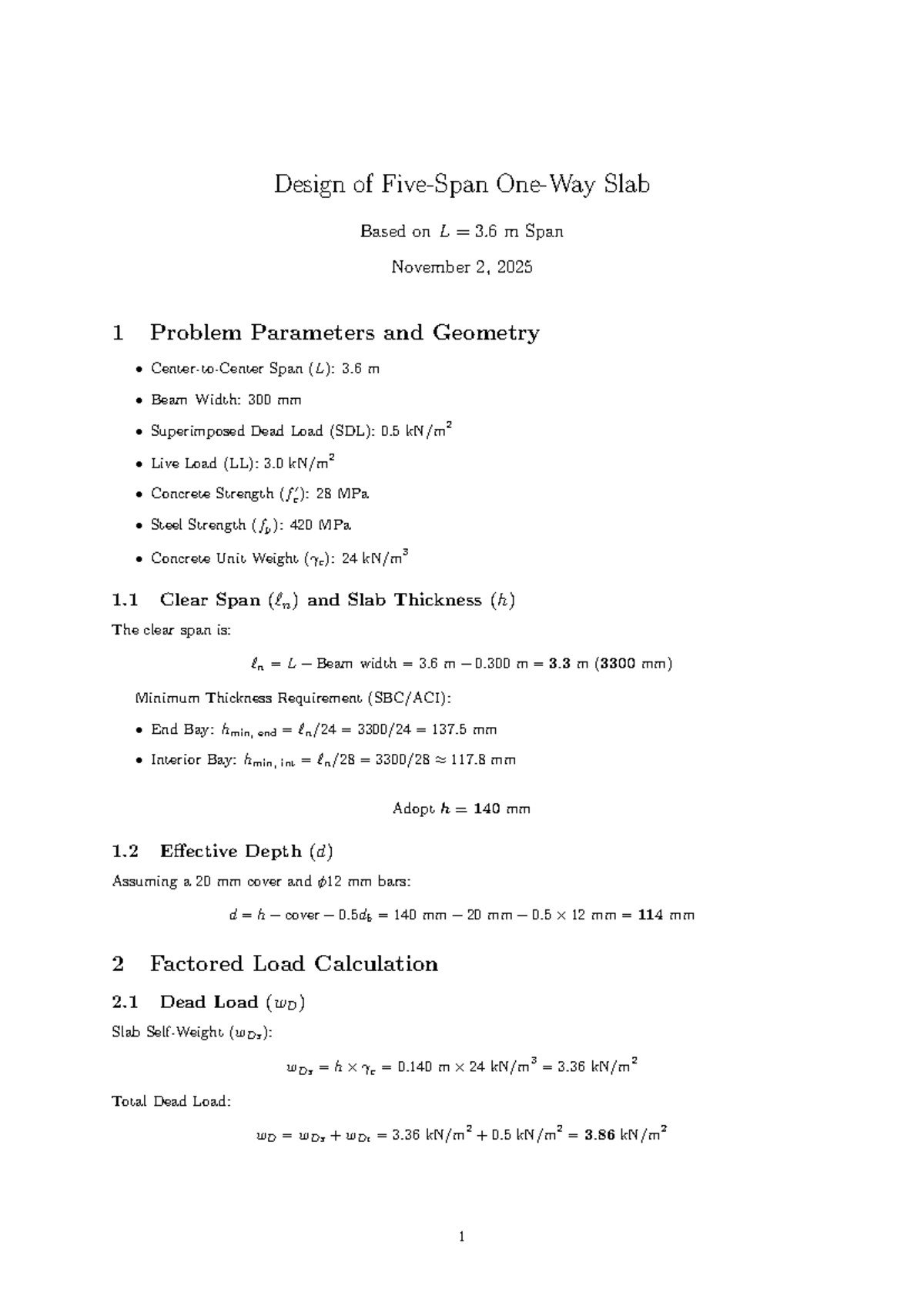 Design of Slab for L 3.6 m Span - Problem Parameters & Geometry - Studocu