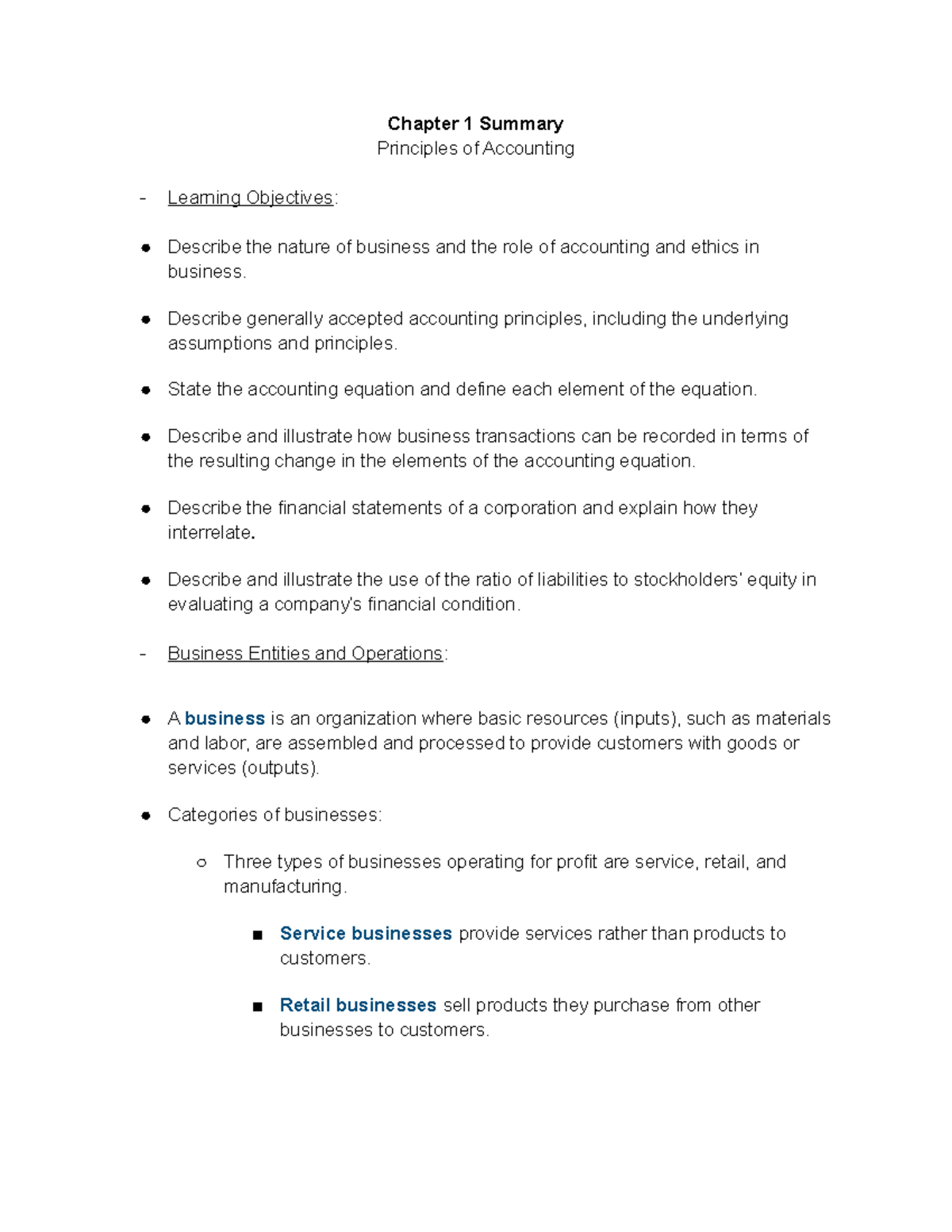 Accounting 101: Chapter 1 Summary and Key Principles Notes - Studocu