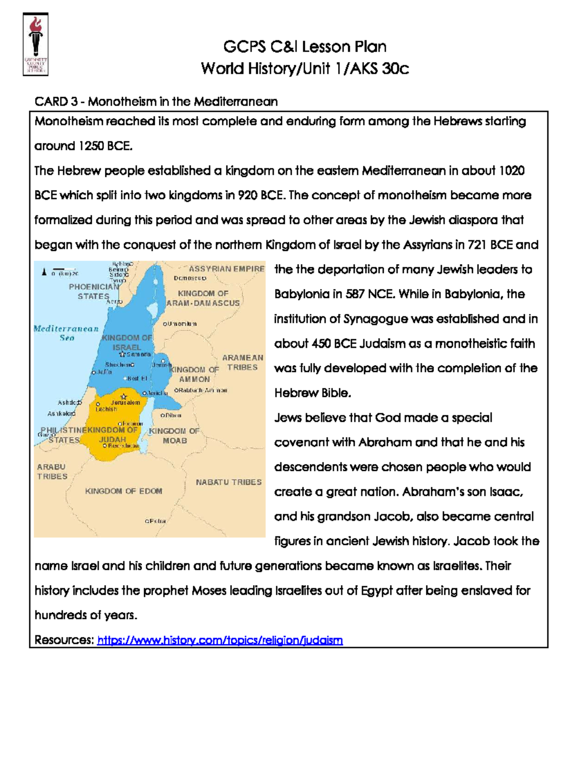 GCPS Lesson Plan: Monotheism in the Mediterranean - World 30c - Studocu