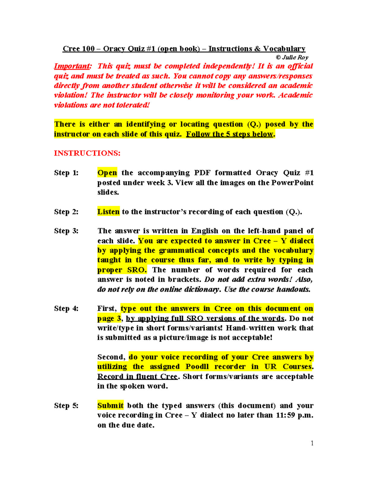 Cree 100 - Oracy Quiz #1 Instructions and Guidelines - Studocu