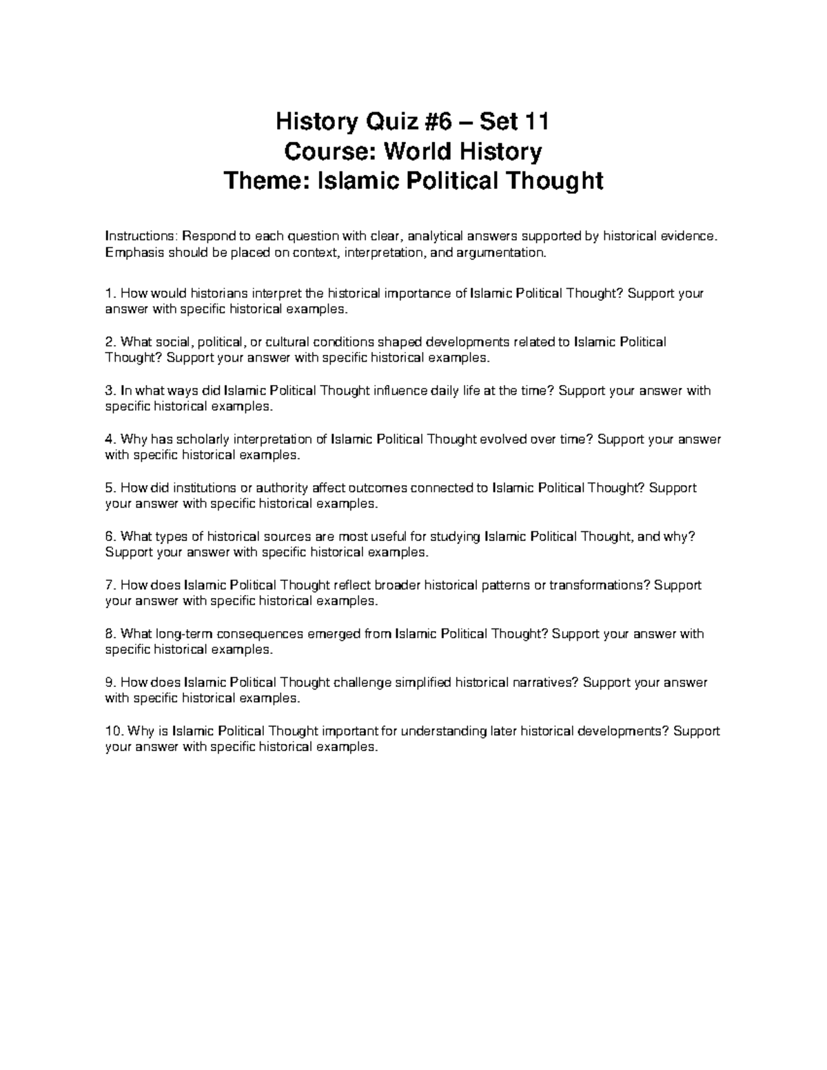 World History Quiz Set 11: Islamic Political Thought Analysis - Studocu