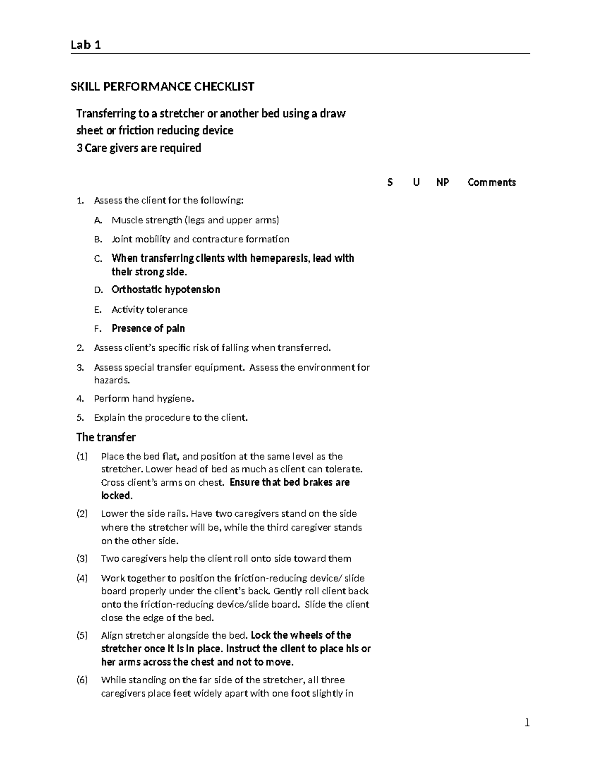 Lab 1: Skill Performance Checklist for Stretcher Transfers - Studocu