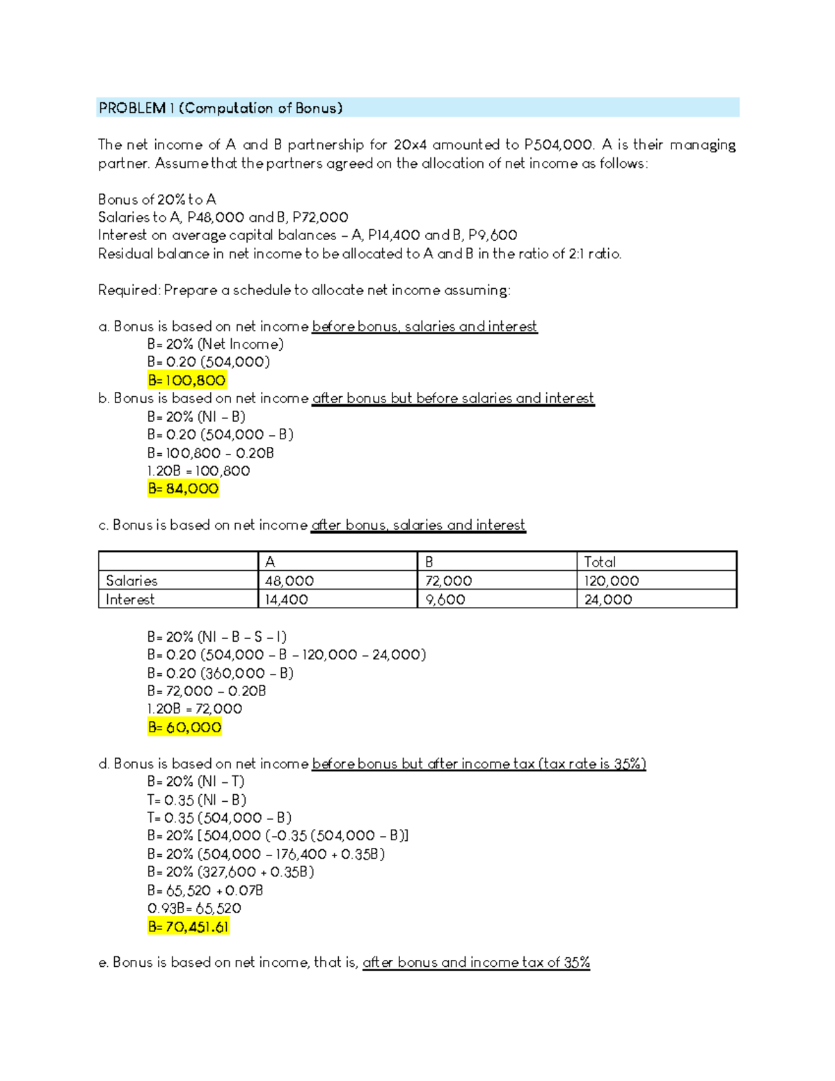 Computation of Bonus Allocation for Partnership (Course Code: ACC101 ...