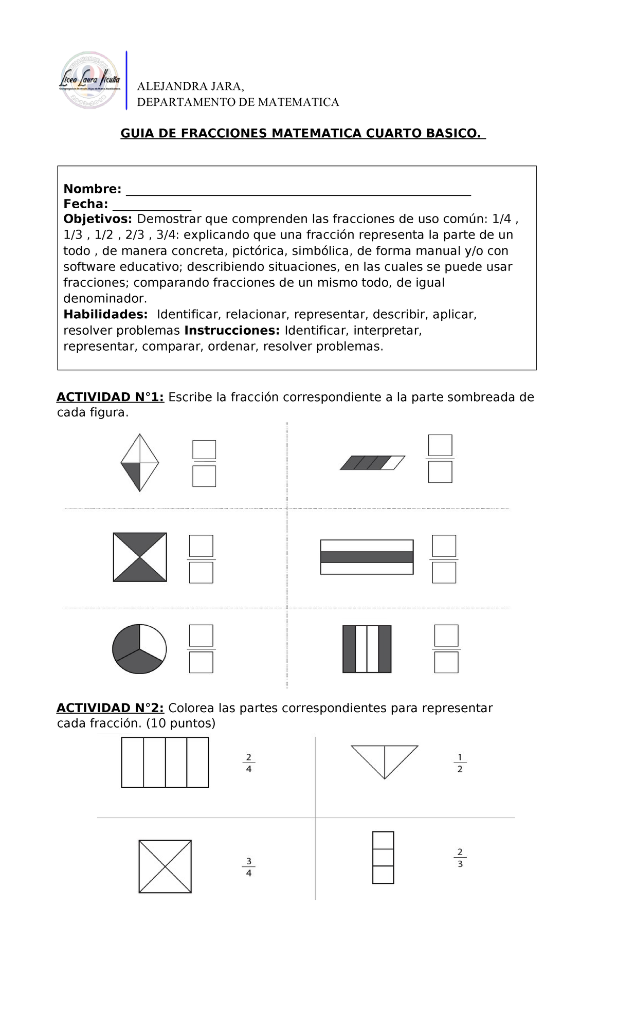 Guía de Fracciones 4TO Básico: Ejercicios y Actividades Matematicas ...