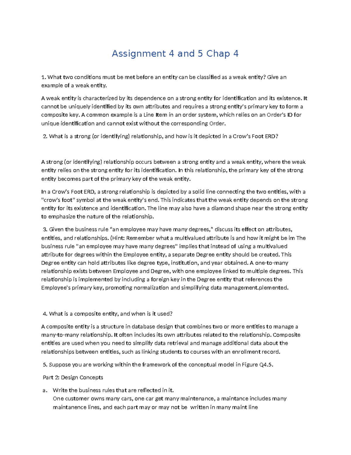 Assignment 4 and 5 - Understanding Weak Entities & Relationships - Studocu