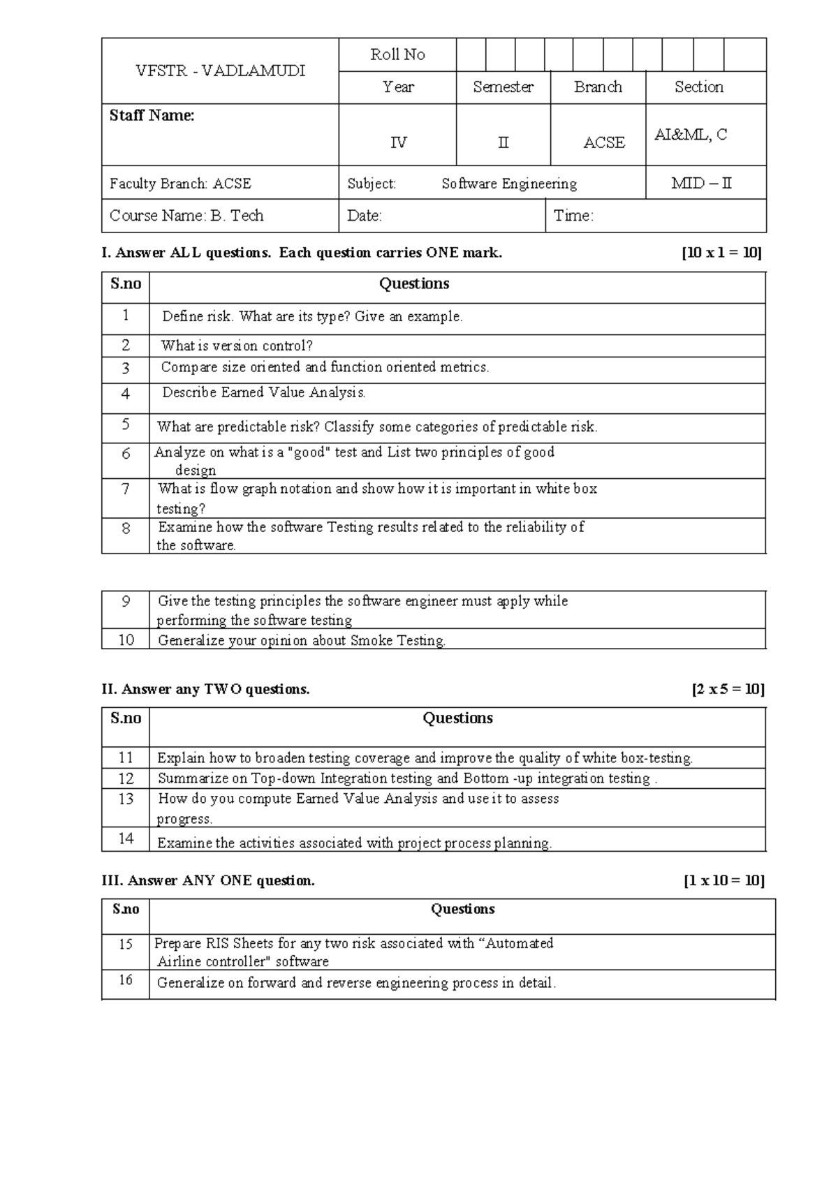 19AI432 SET 1 - Software Engineering test - VFSTR - VADLAMUDI Roll No ...