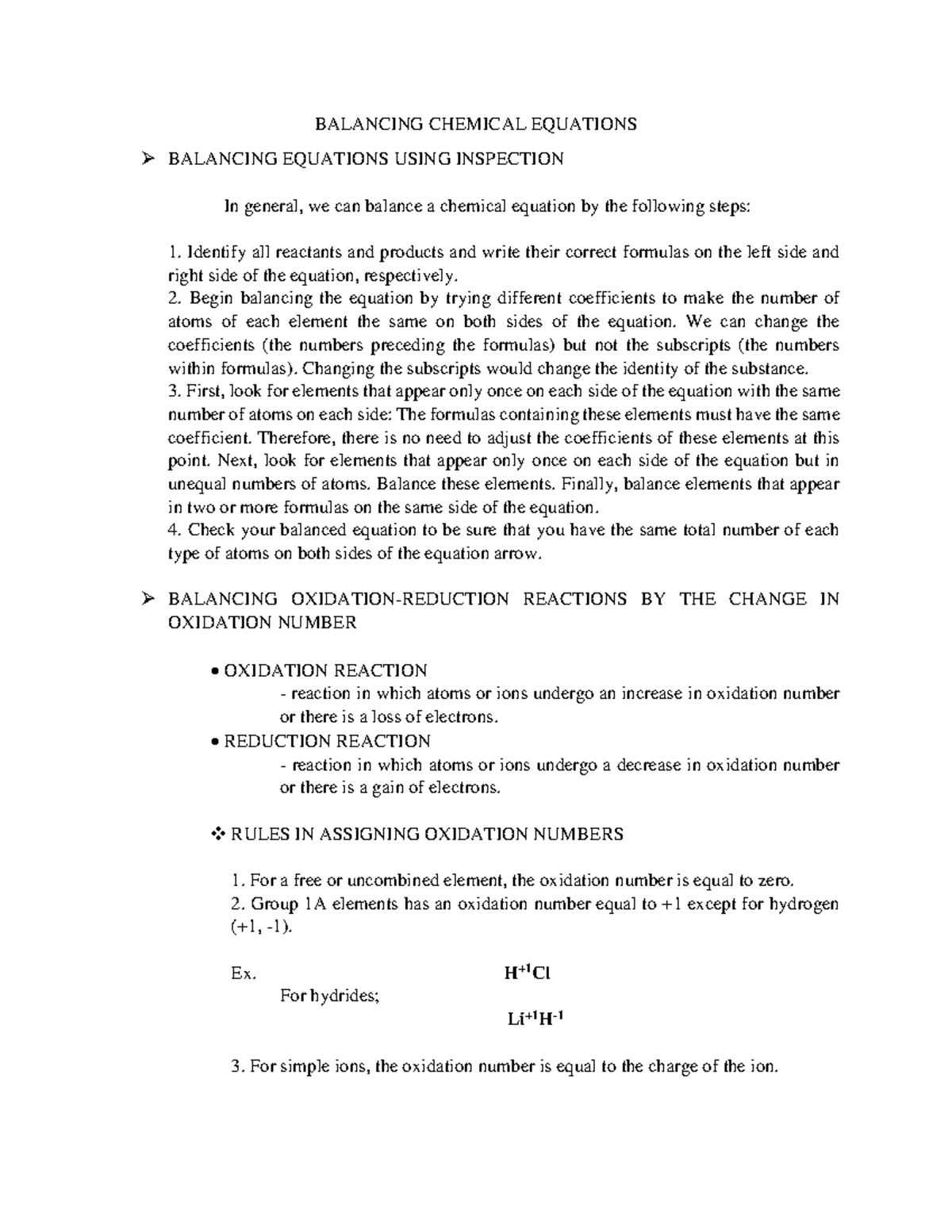 Balancing Equations Handout - BALANCING CHEMICAL EQUATIONS BALANCING ...