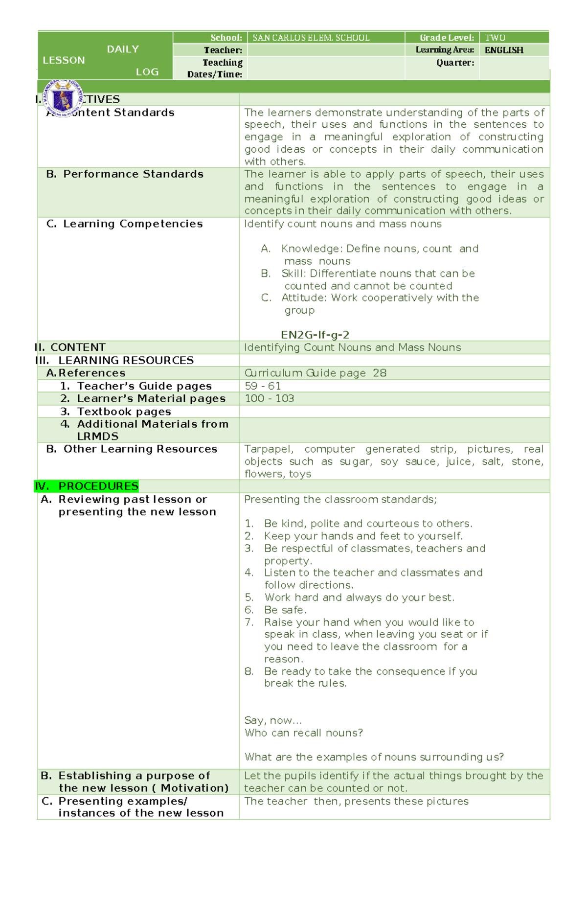 English-COT - For classroom demonstration - I. OBJECTIVES A. Content ...