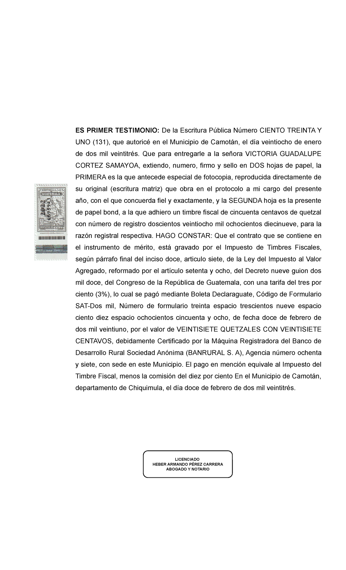 Testimonio de Pago de Impuesto - Escritura Pública 131 - Studocu