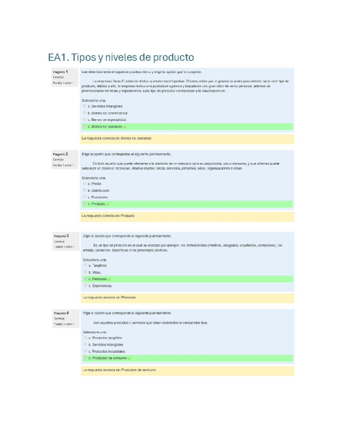 EA1. Tipos y Niveles de Producto: Preguntas y Respuestas Clave - Studocu