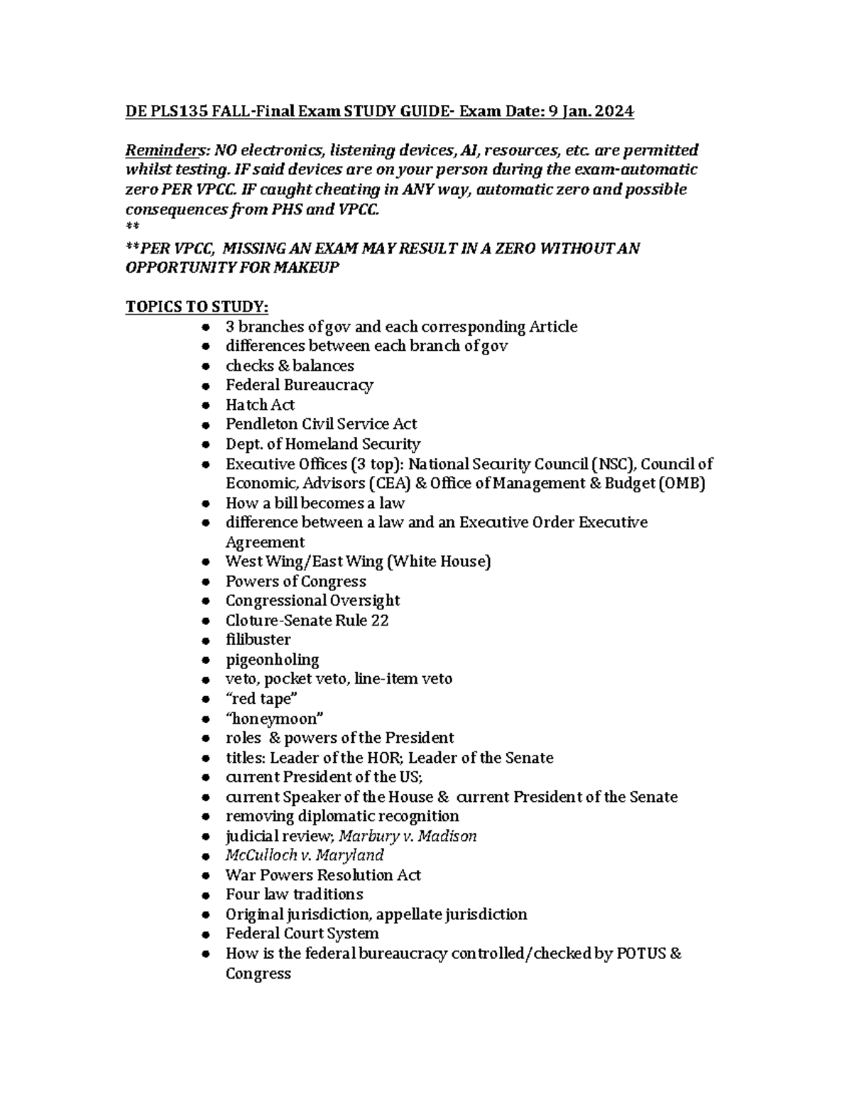 DE PLS135 FALL - Final Exam Study Guide (Exam Date: Jan. 9, 2024) - DE PLS135 FALL-Final Exam ...