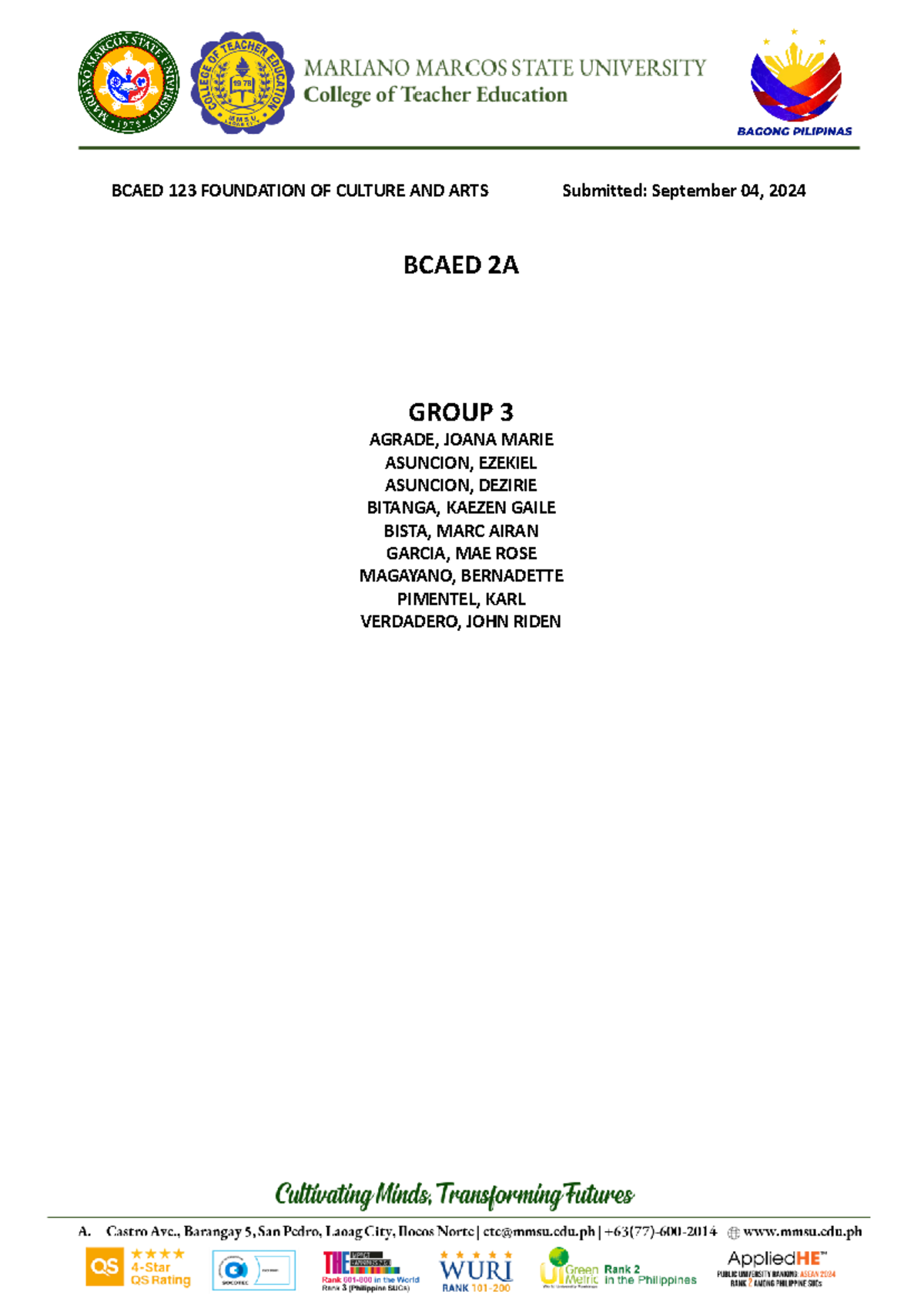 Bcaed 2A Group 3 Foundations of Culture and Arts - BCAED 123 FOUNDATION ...