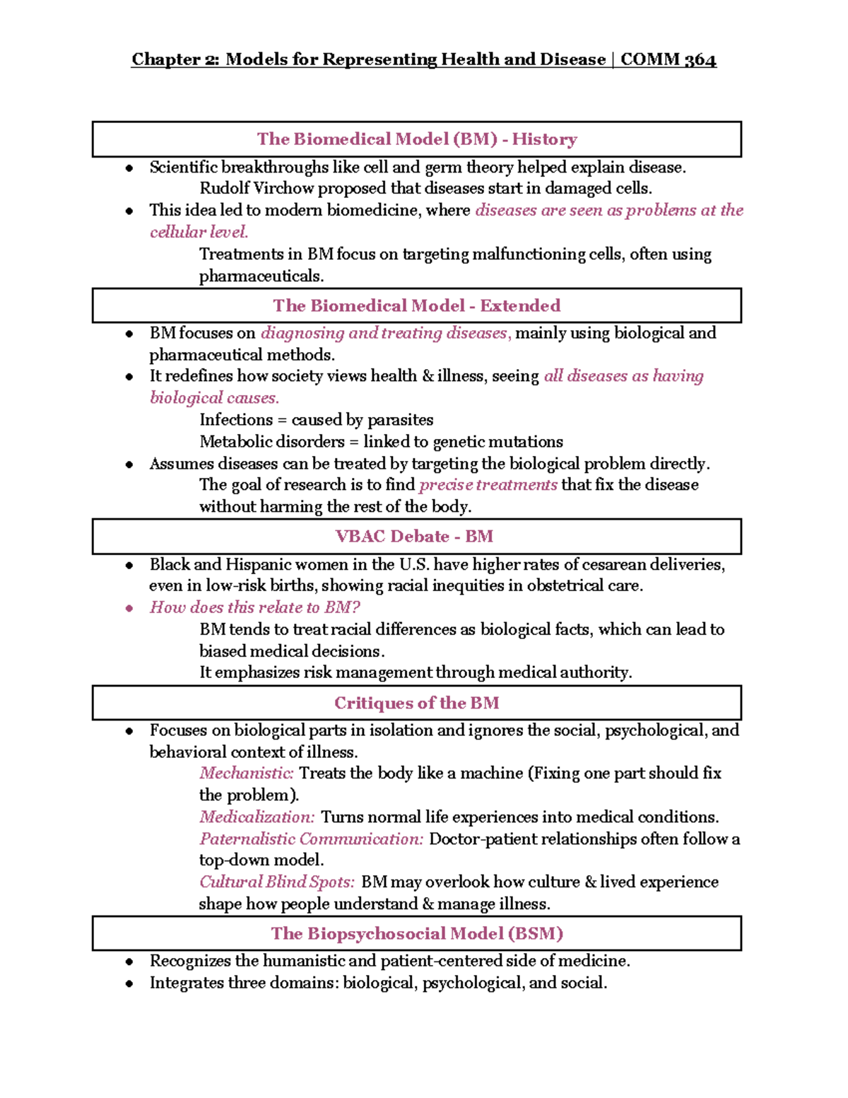 Chapter 2 Notes: Biomedical Model & Critiques - COMM 364 - Studocu