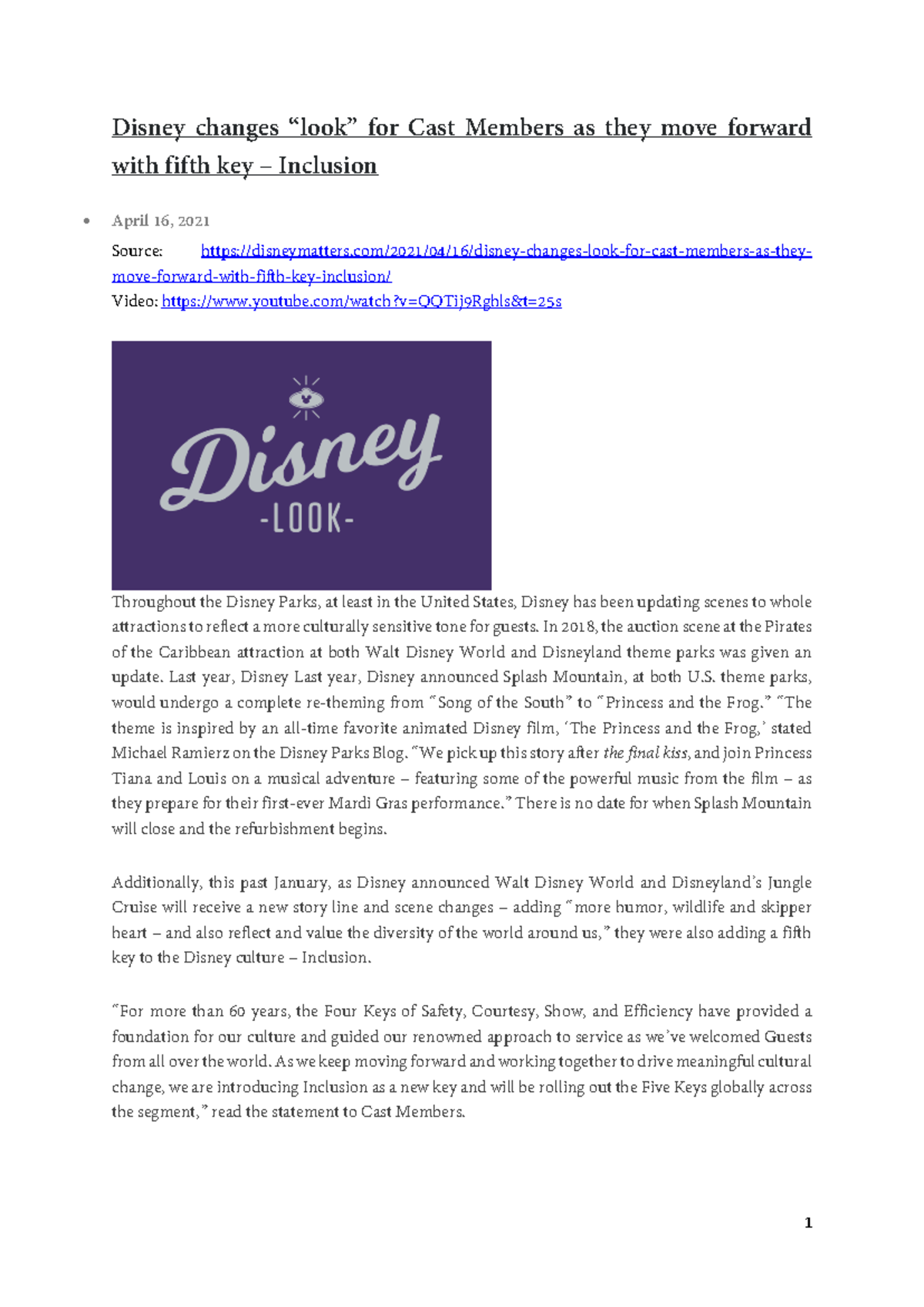 Case Study 1 Disney 5keys journey commmitment - 1 Disney changes “look ...