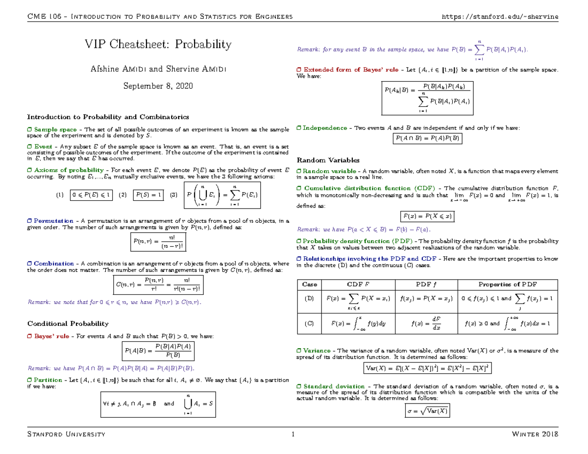 Stanford probability statistics - VIP Cheatsheet: Probability Afshine ...