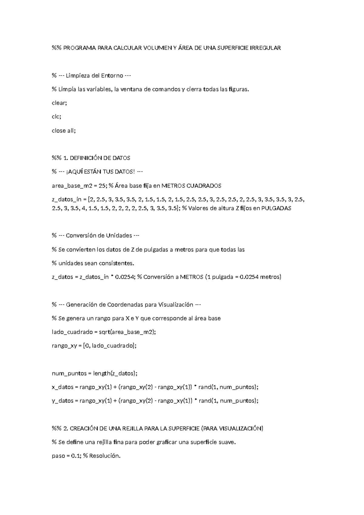 Cálculo de Volumen y Área de Superficie Irregular - Programa 2 - Studocu