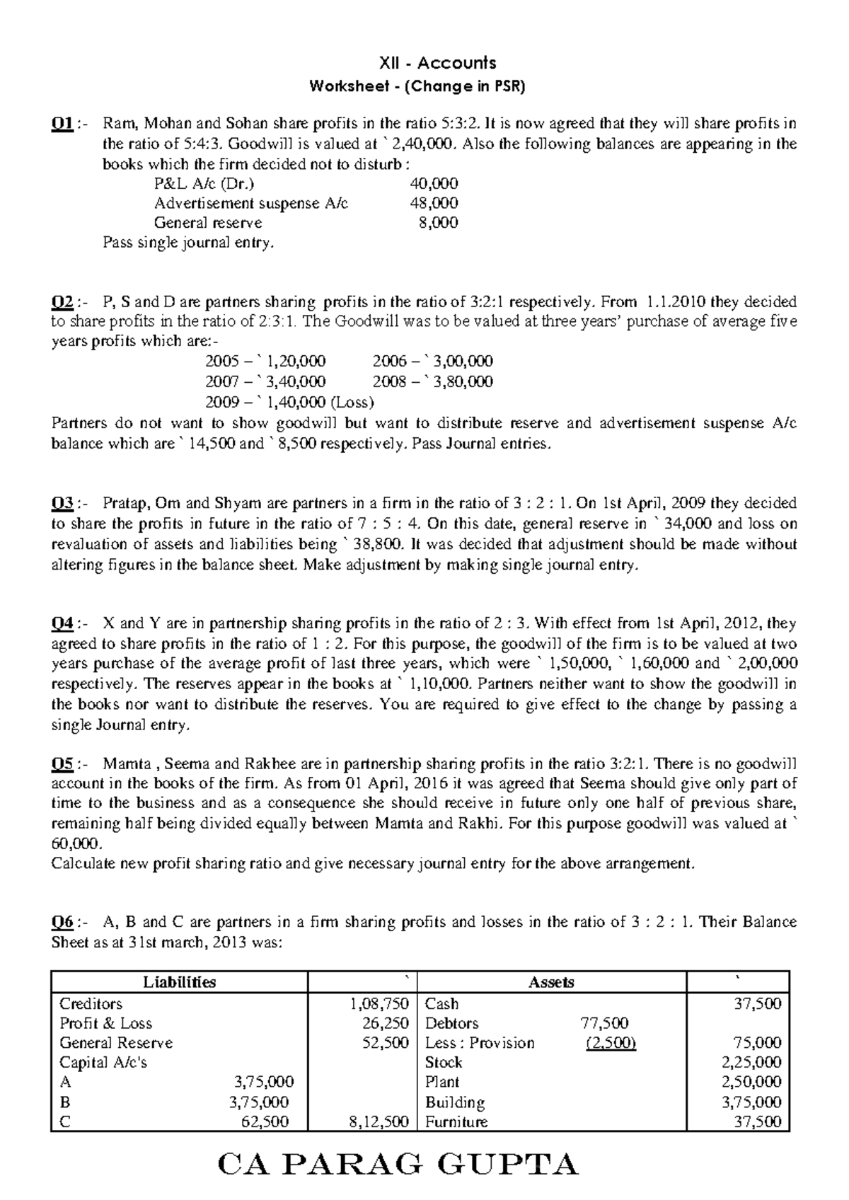 XII Accounts Worksheet: Change in PSR & Journal Entries Q1-Q6 - Studocu