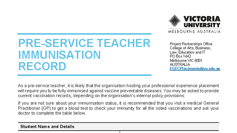 EGEC Immunisation Record for Teacher Placements - Aug 2023 - Studocu