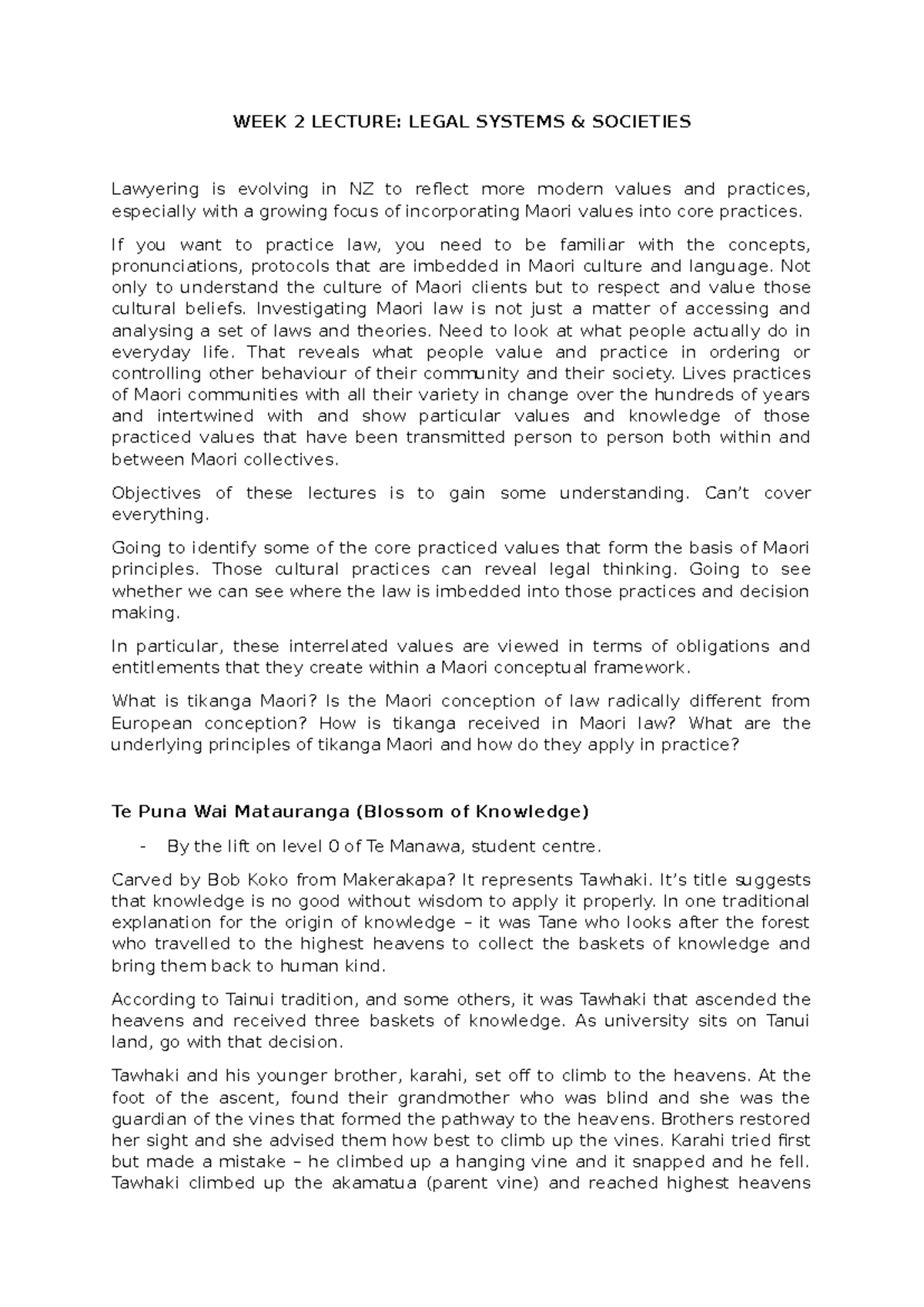 WEEK 2 LECTURE 2: MAORI VALUES IN NZ LEGAL SYSTEMS AND SOCIETIES - Studocu