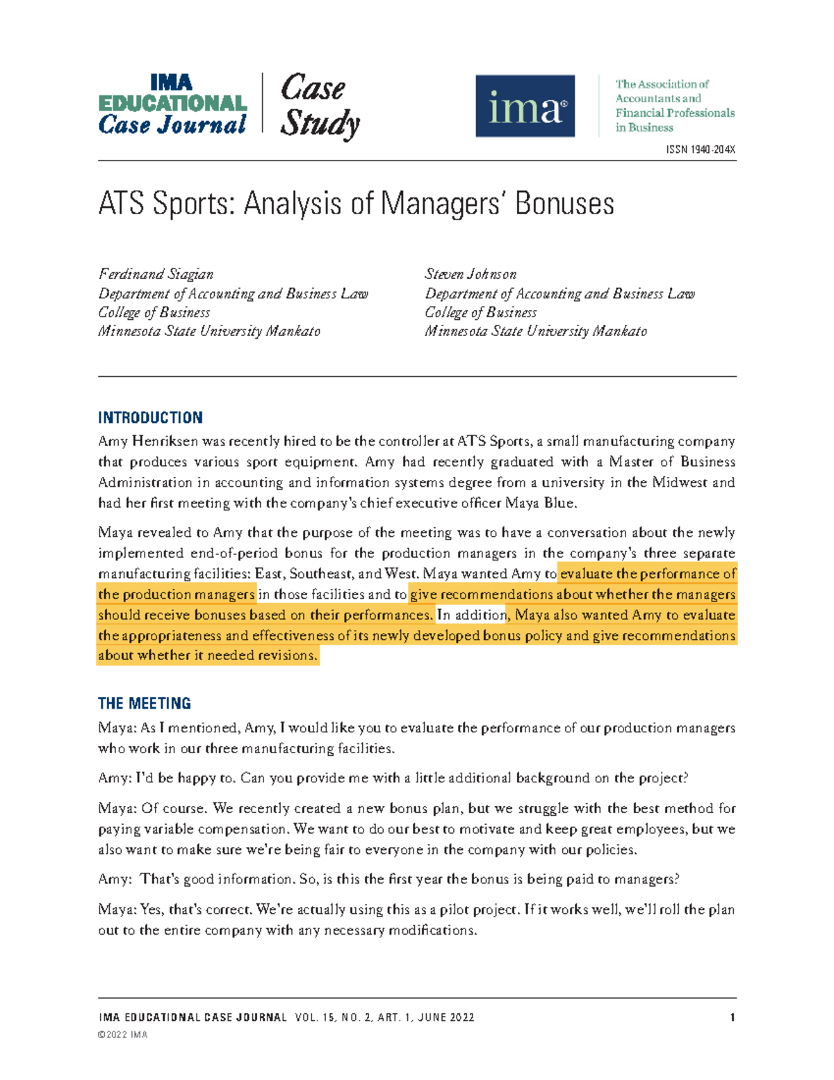 ATS Sports Case Study: Analysis of Production Managers' Bonuses - Studocu
