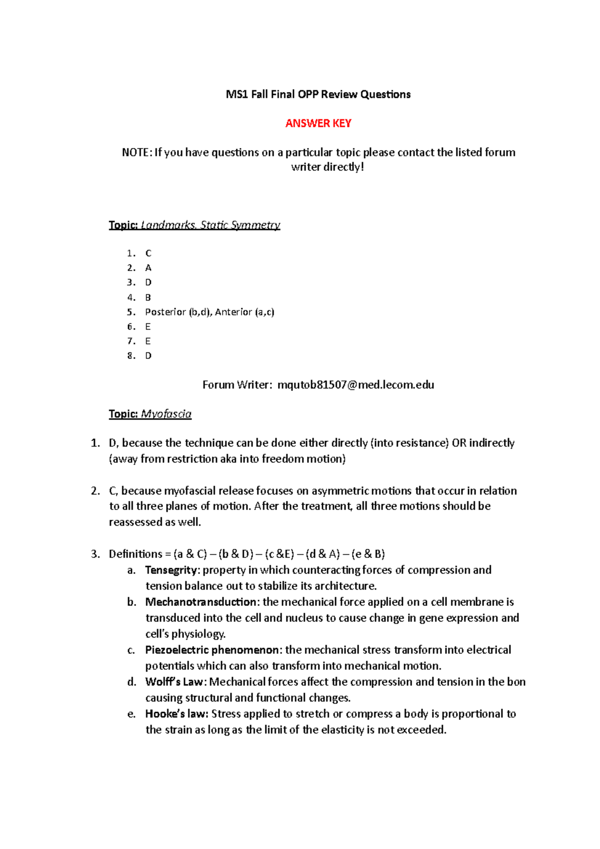 MS1 Fall Final OPP Review Questions Answer Key [1020] - Studocu