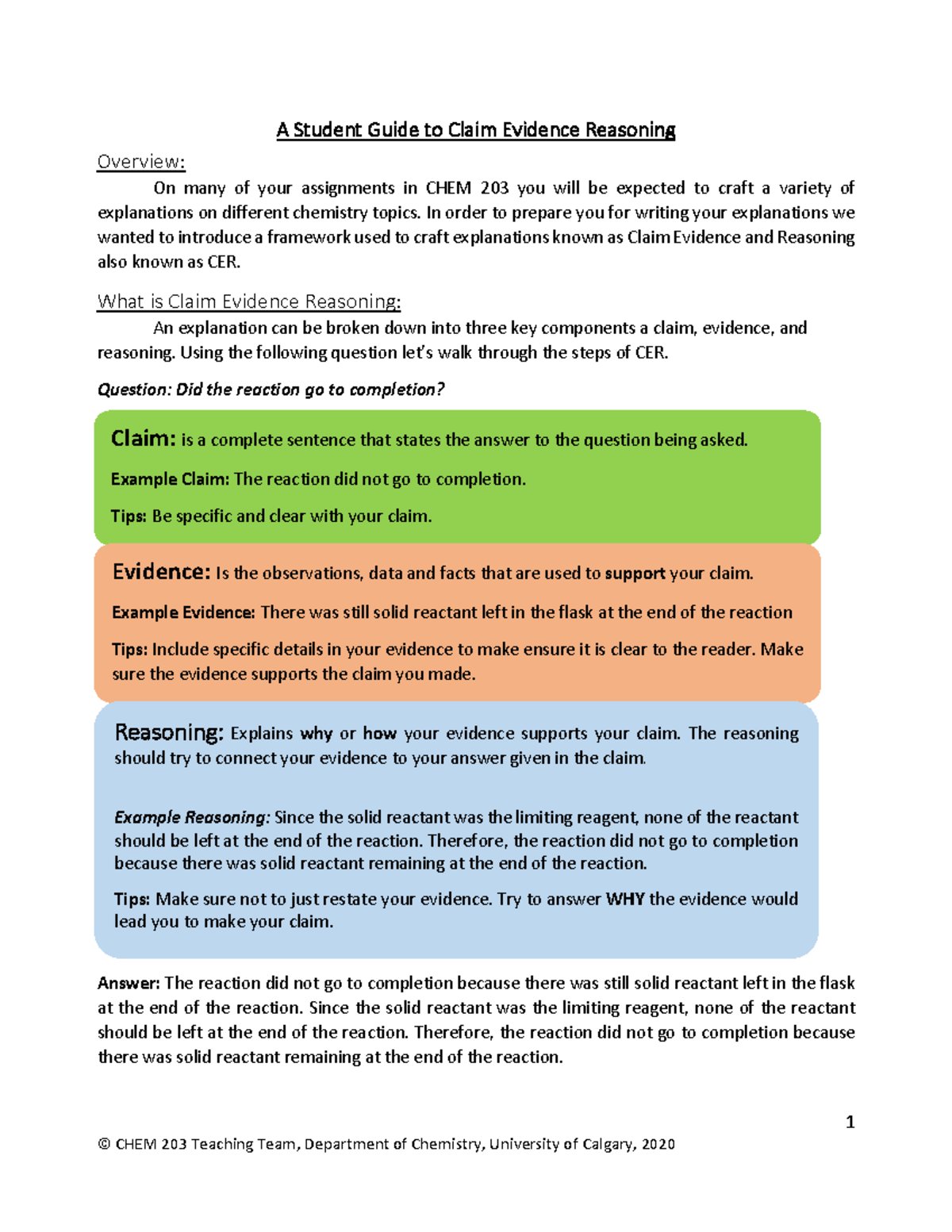 Claim Evidence Reasoning Guide for CHEM 203 Assignments - Studocu