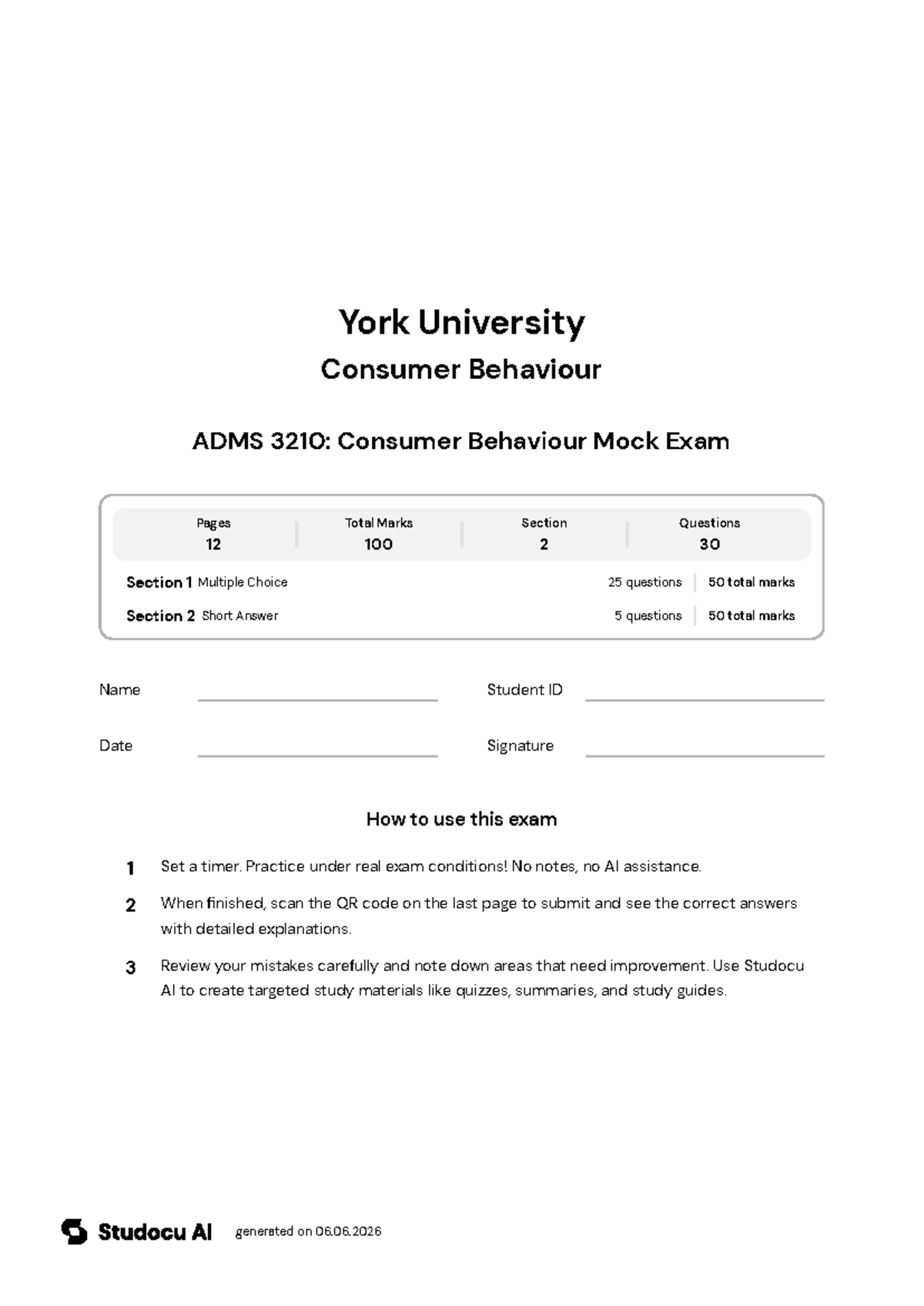 ADMS 3210: Consumer Behaviour Mock Exam - Studocu