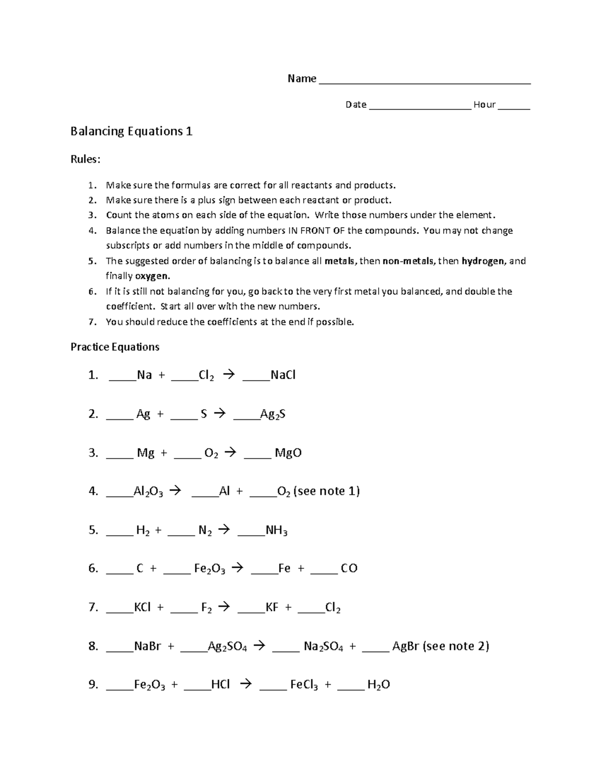 2-Balancing Equations 1-2-1 - Name ...
