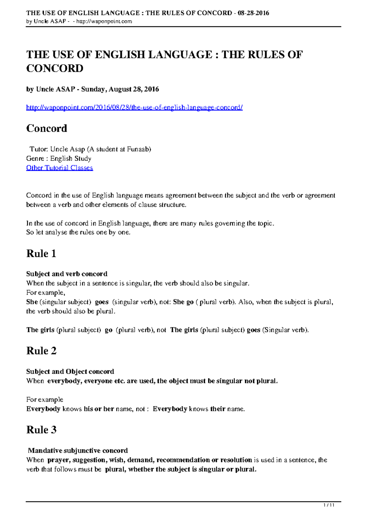ENGLISH 101: RULES OF CONCORD IN THE USE OF ENGLISH LANGUAGE - Studocu