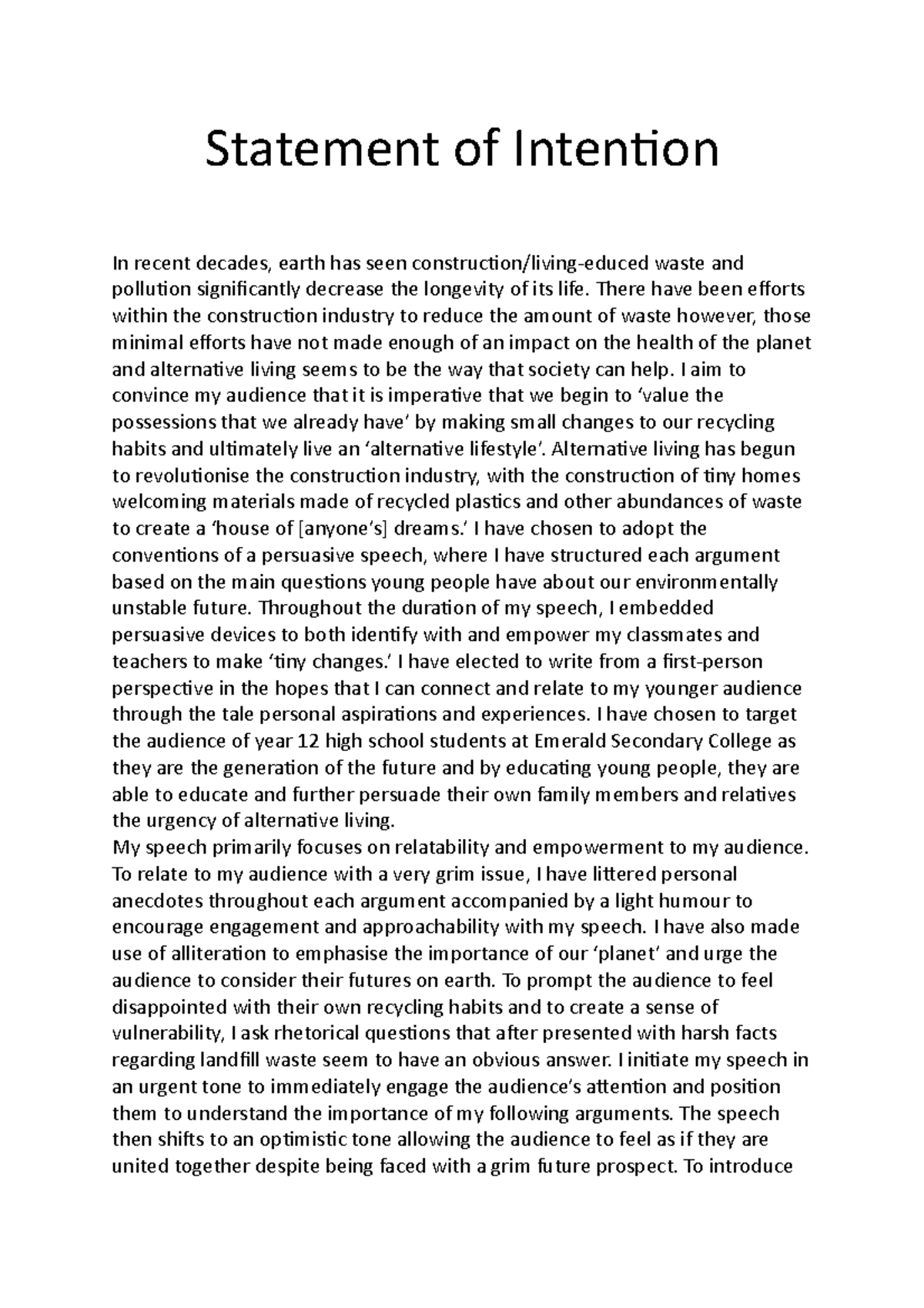 SOI example 1 (2) - statement of intention - Statement of Intention In ...