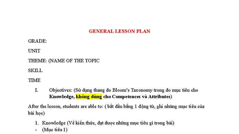 GENERAL LESSON PLAN TEMPLATE FOR GRADE: UNIT THEME - Studocu