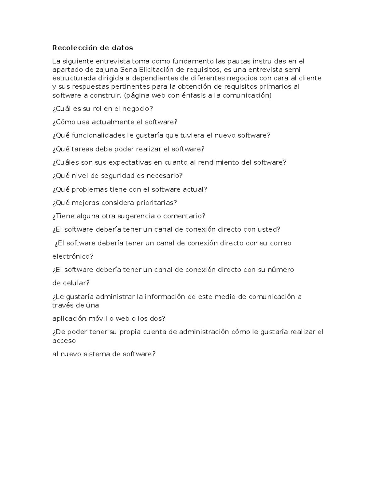 Recolección de datos - DFDFDFDF - Recolección de datos La siguiente ...