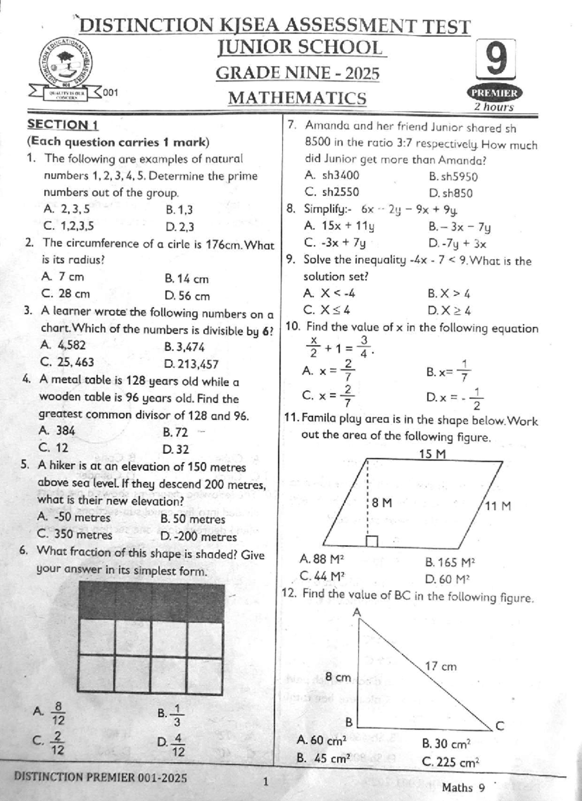 DISTINCTION KJSEA ASSESSMENT TEST GRADE 9 2025 001 ALL SUBJECTS MARKING ...