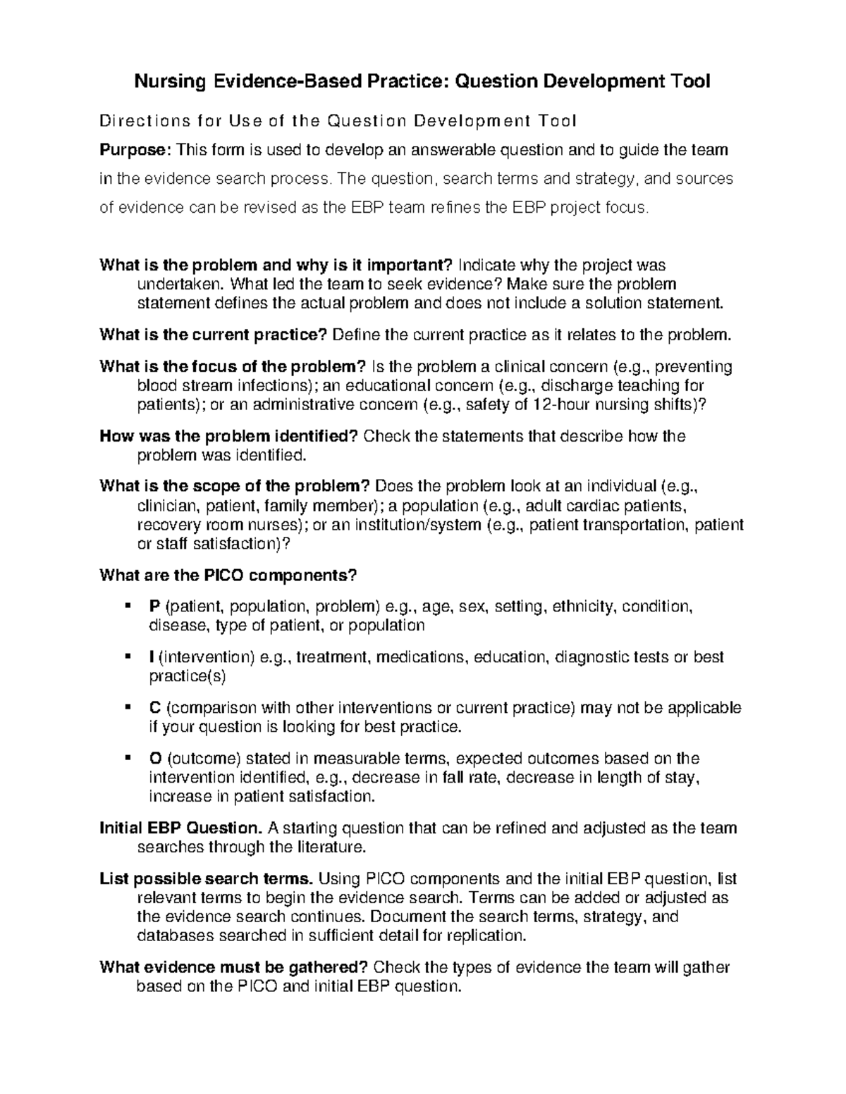 Nursing Practice: EBP Question Development Tool (PICO) Guide - Studocu