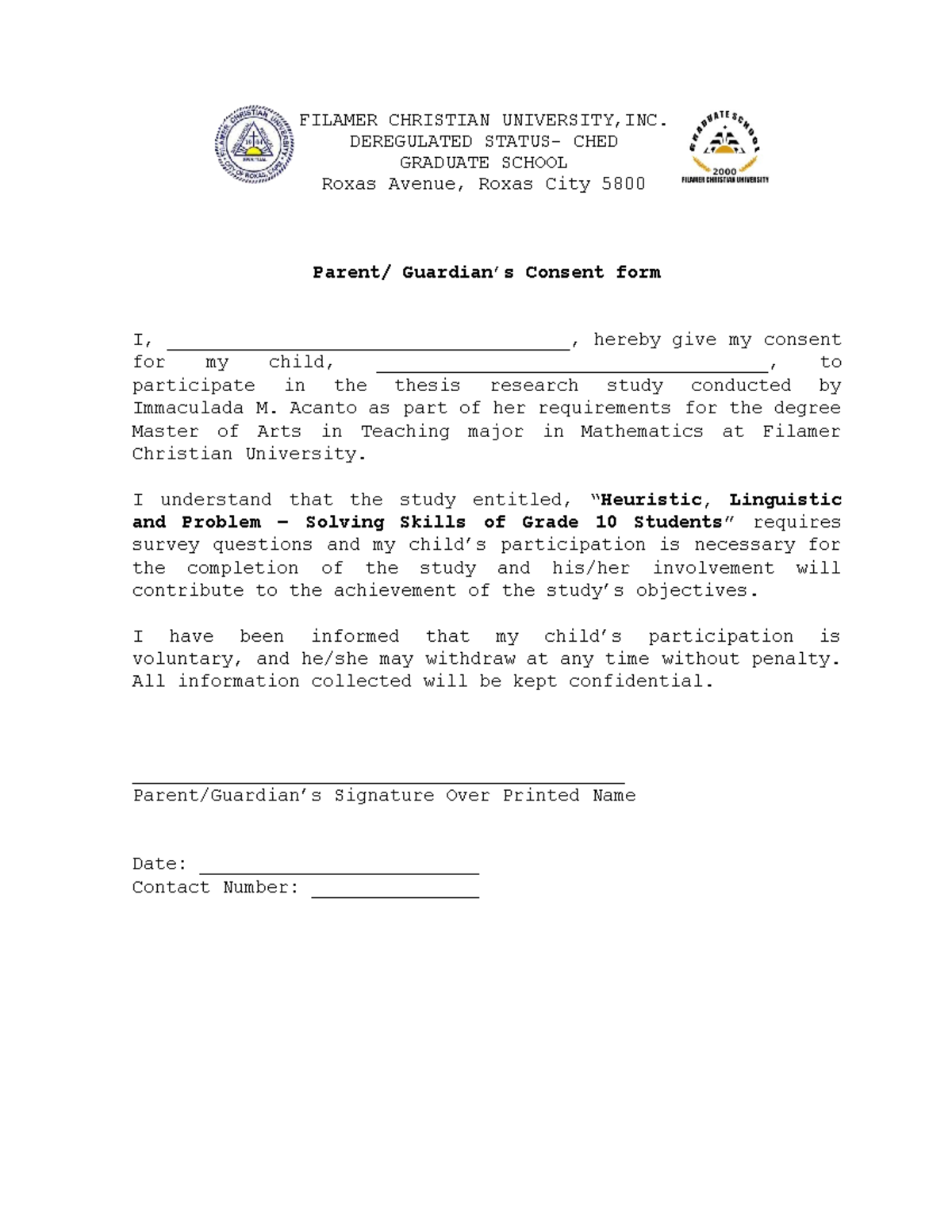 Parent's Consent Form for Thesis Research Study (MAT 101) - Studocu