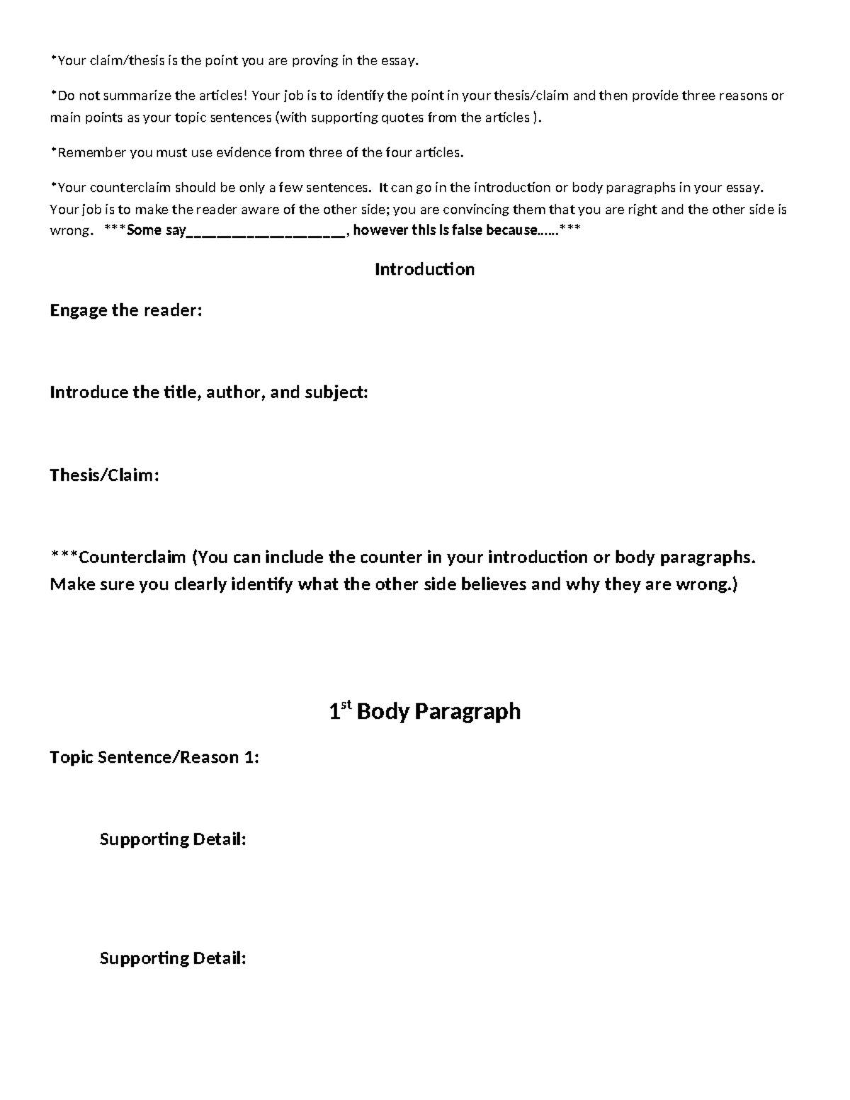 Argument Essay Outline (ENG 101) - Studocu