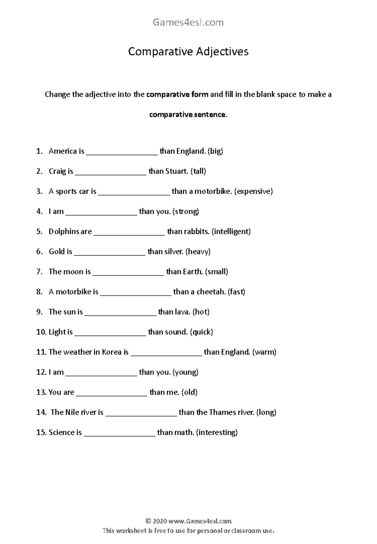 Comparative Adjectives Worksheet 1: Fill in the Gaps Exercise - Studocu