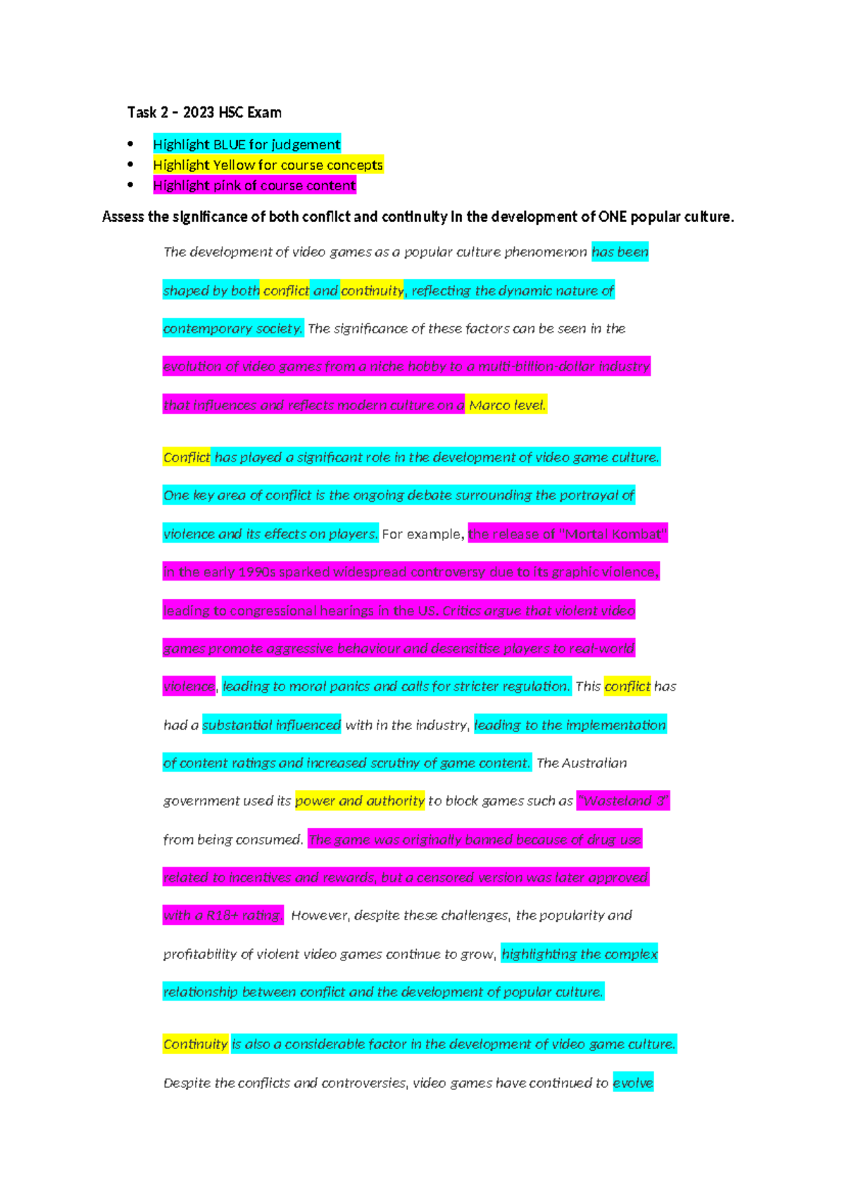 Writing Sample - highlights - Task 2 – 2023 HSC Exam Highlight BLUE for ...