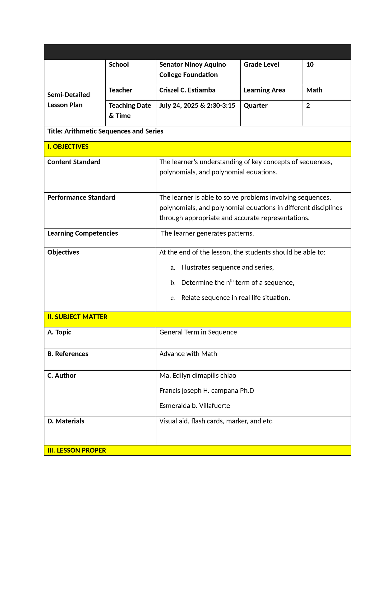 Lesson Plan: Arithmetic Sequences & Series for Grade 10 (Math) - Studocu