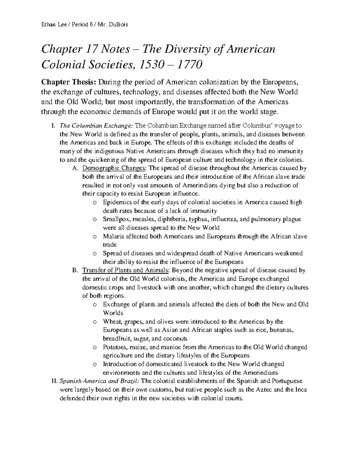 Chapter 17 Notes: The Impact of the Columbian Exchange (1530-1770 ...