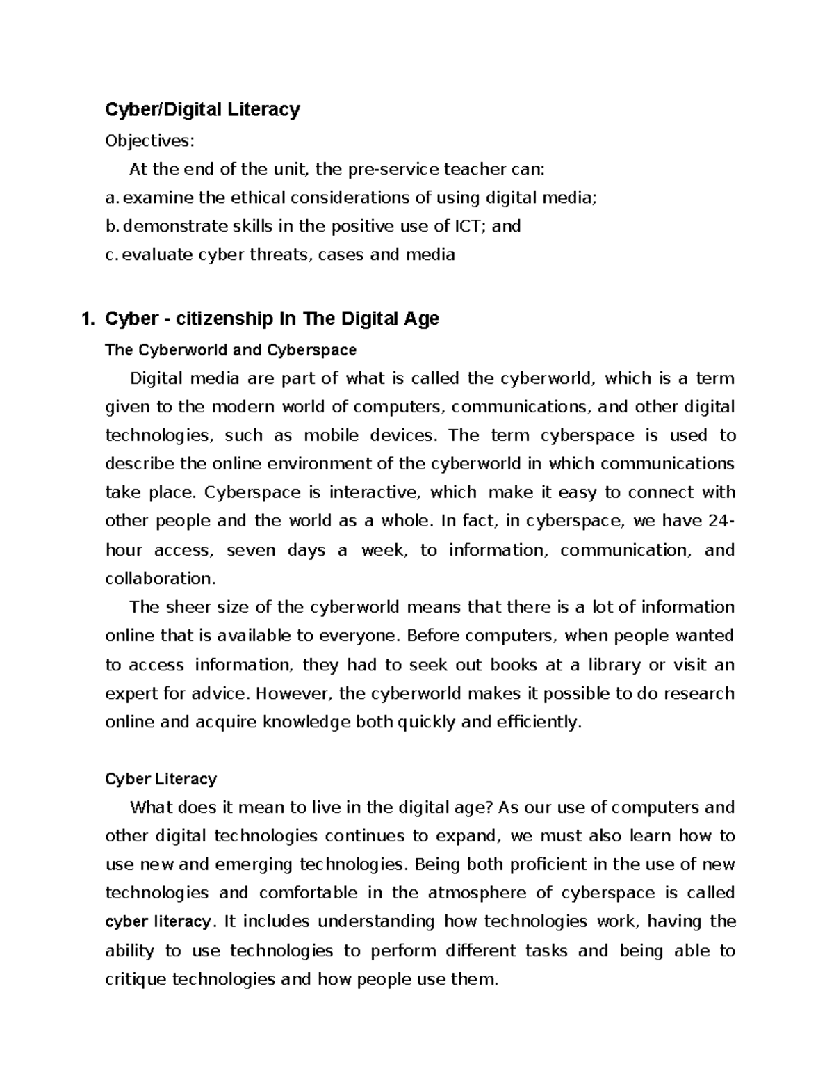 Media and Cyber Literacy - Cyber/Digital Literacy Objectives: At the ...