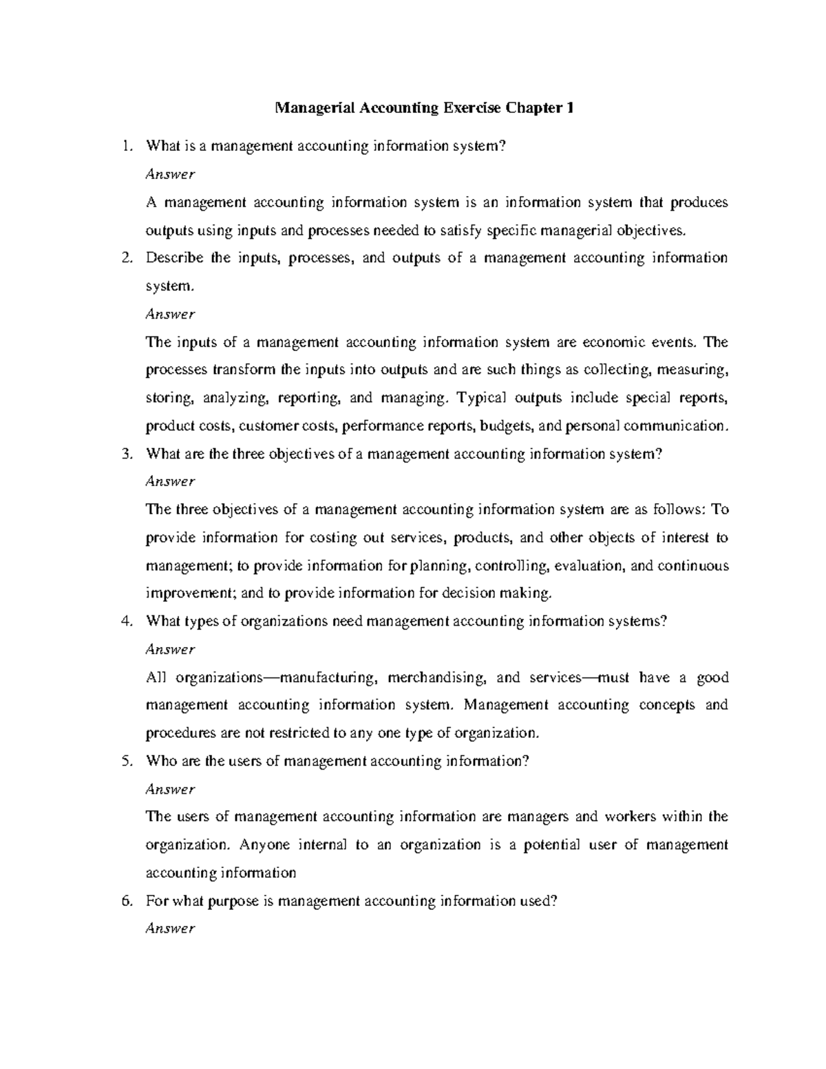 Managerial Accounting Exercise Chapter 1 - Describe the inputs, processes, and outputs of a ...