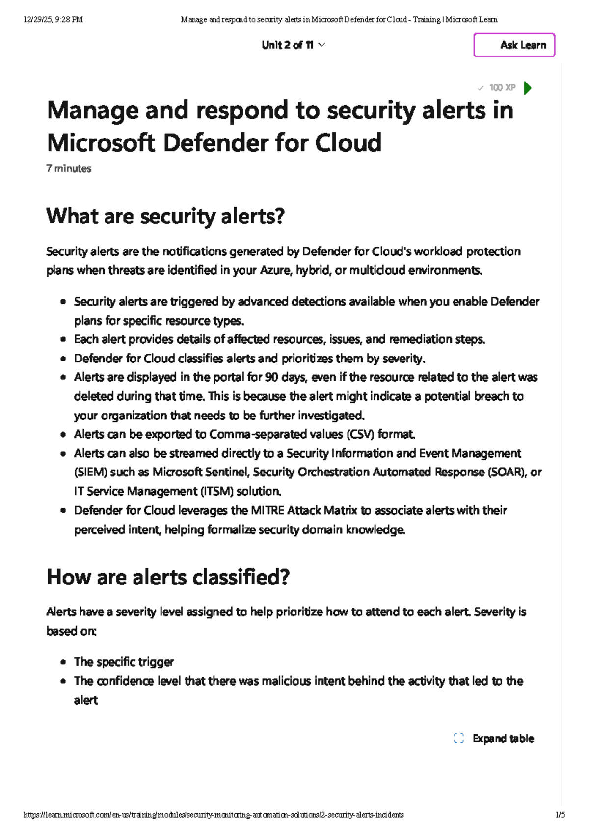 Unit 2: Managing Security Alerts in Microsoft Defender for Cloud ...