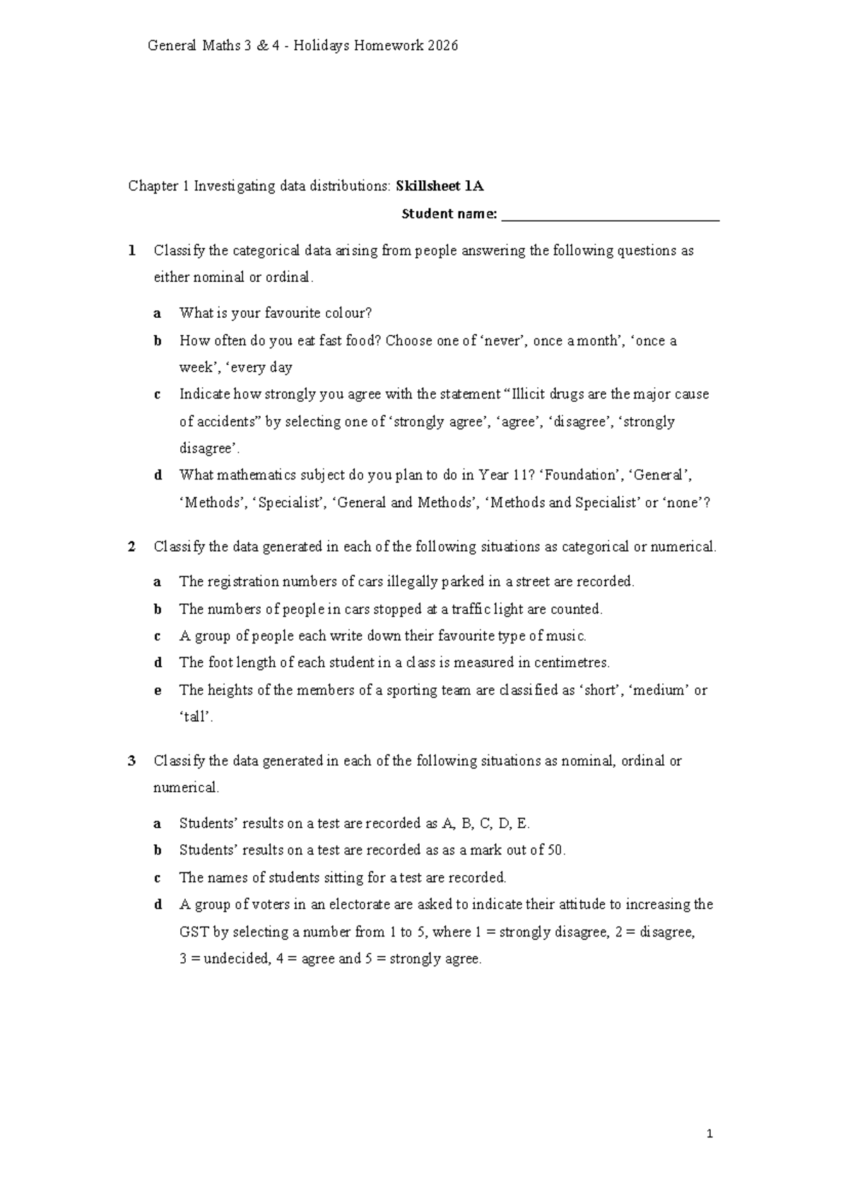 General Maths 3 4 Holiday Homework 2026: Data Distributions Skillsheet ...