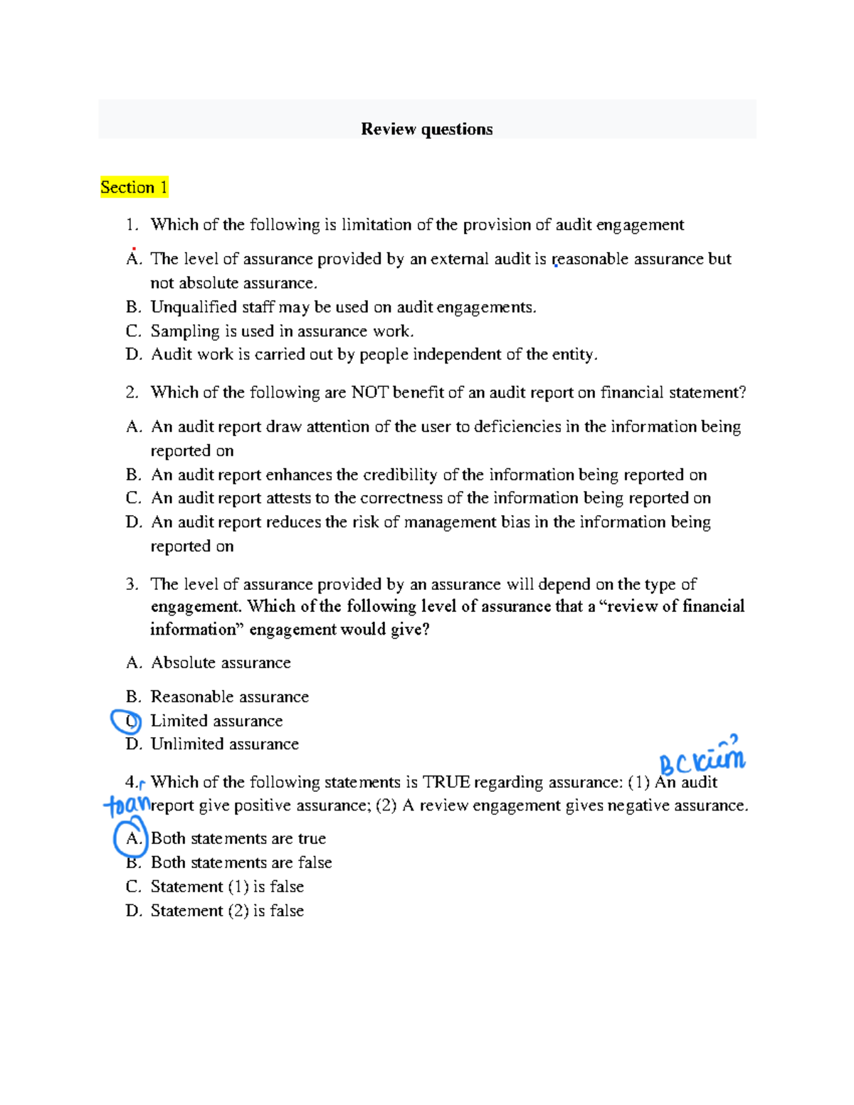 Review Questions for Audit Engagements: Sec 123 Insights - Studocu