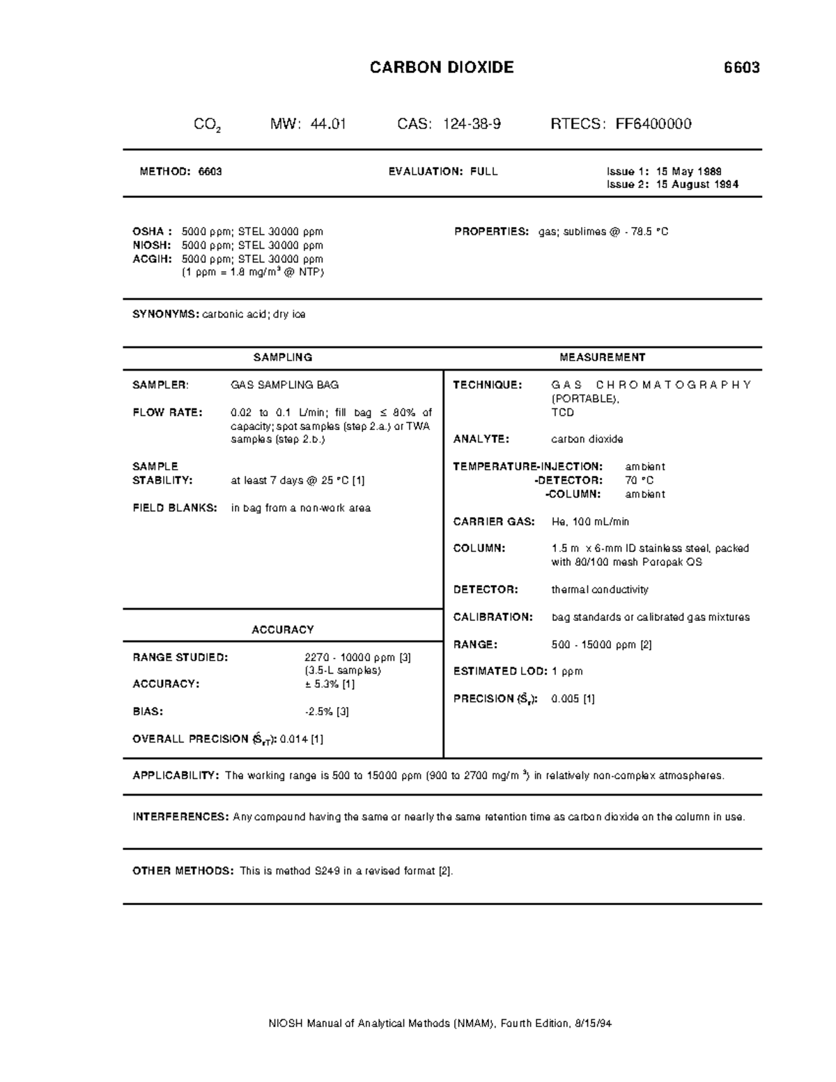 6603 - NIOSH Method for Carbon Dioxide Analysis - Studocu