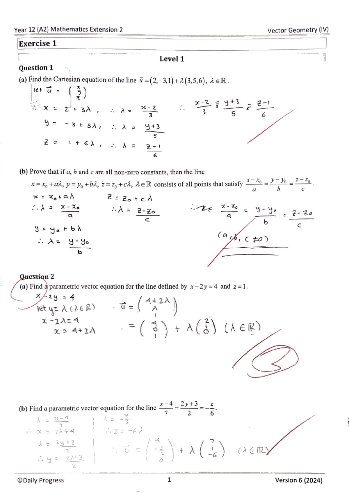 Year 12 (A2) Mathematics Extension 2 Vector Geometry (IV) Exercise 1 ...