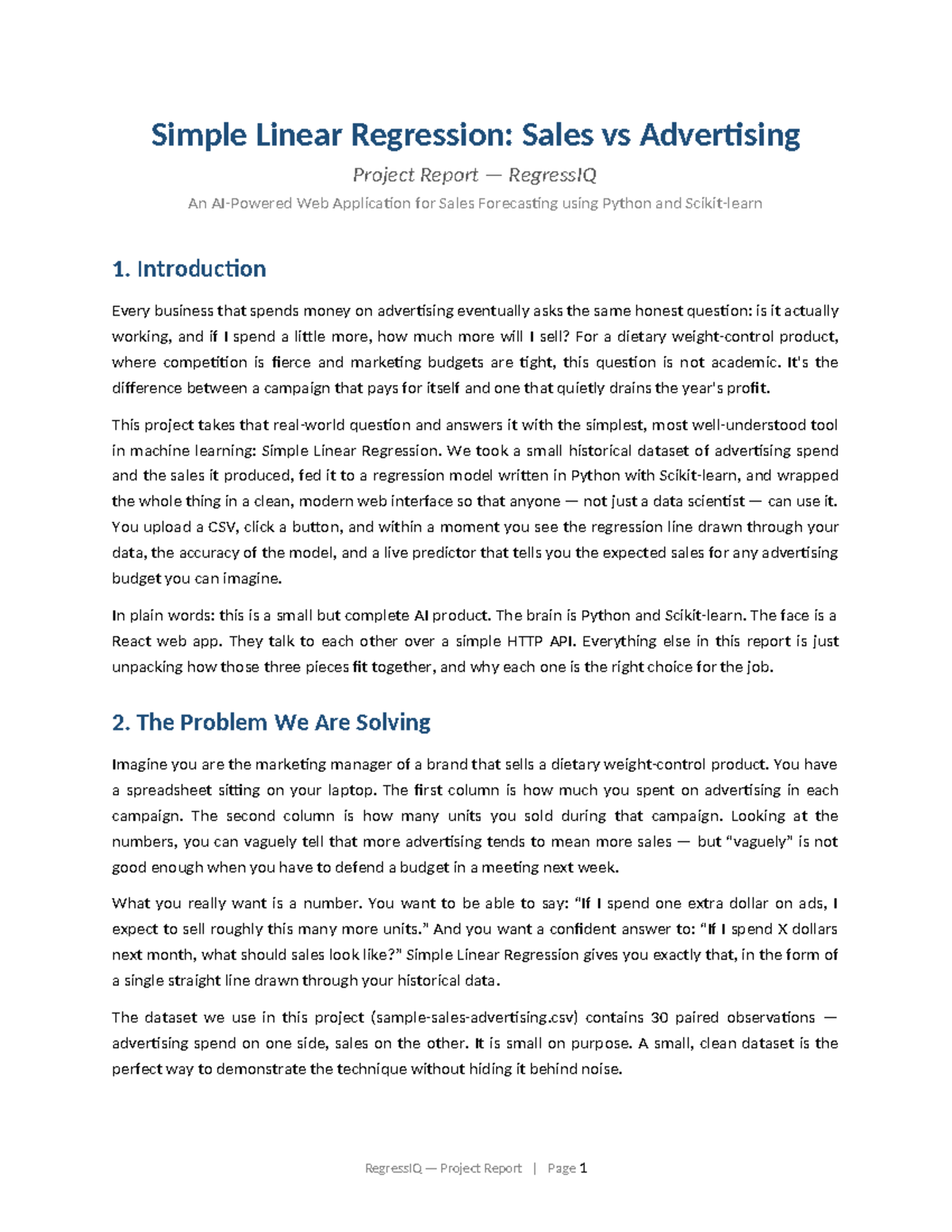 Sales Forecasting Using Simple Linear Regression: RegressIQ Project ...